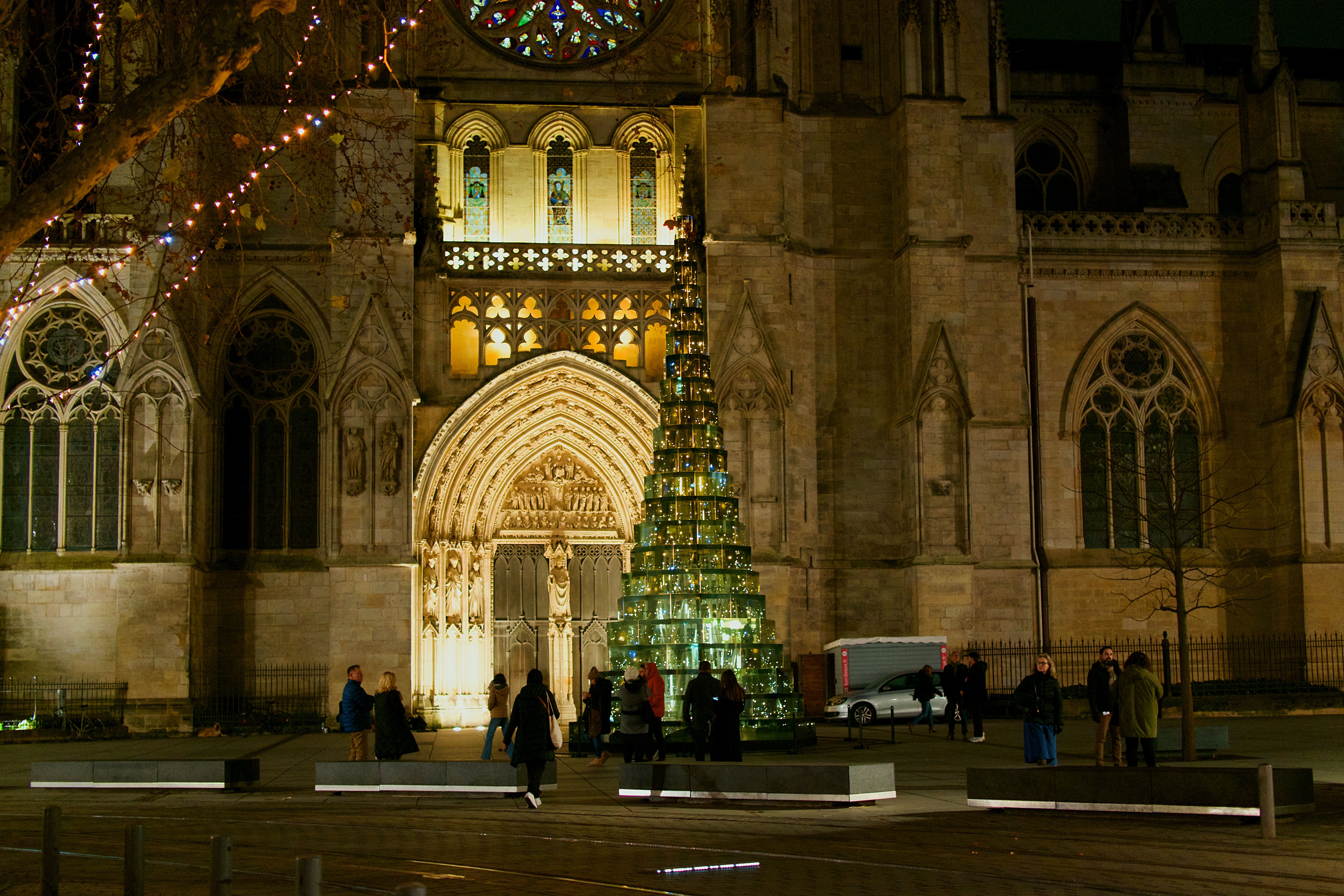 Illuminated Christmas Tree at Bordeaux Cathedral · Free Stock Photo