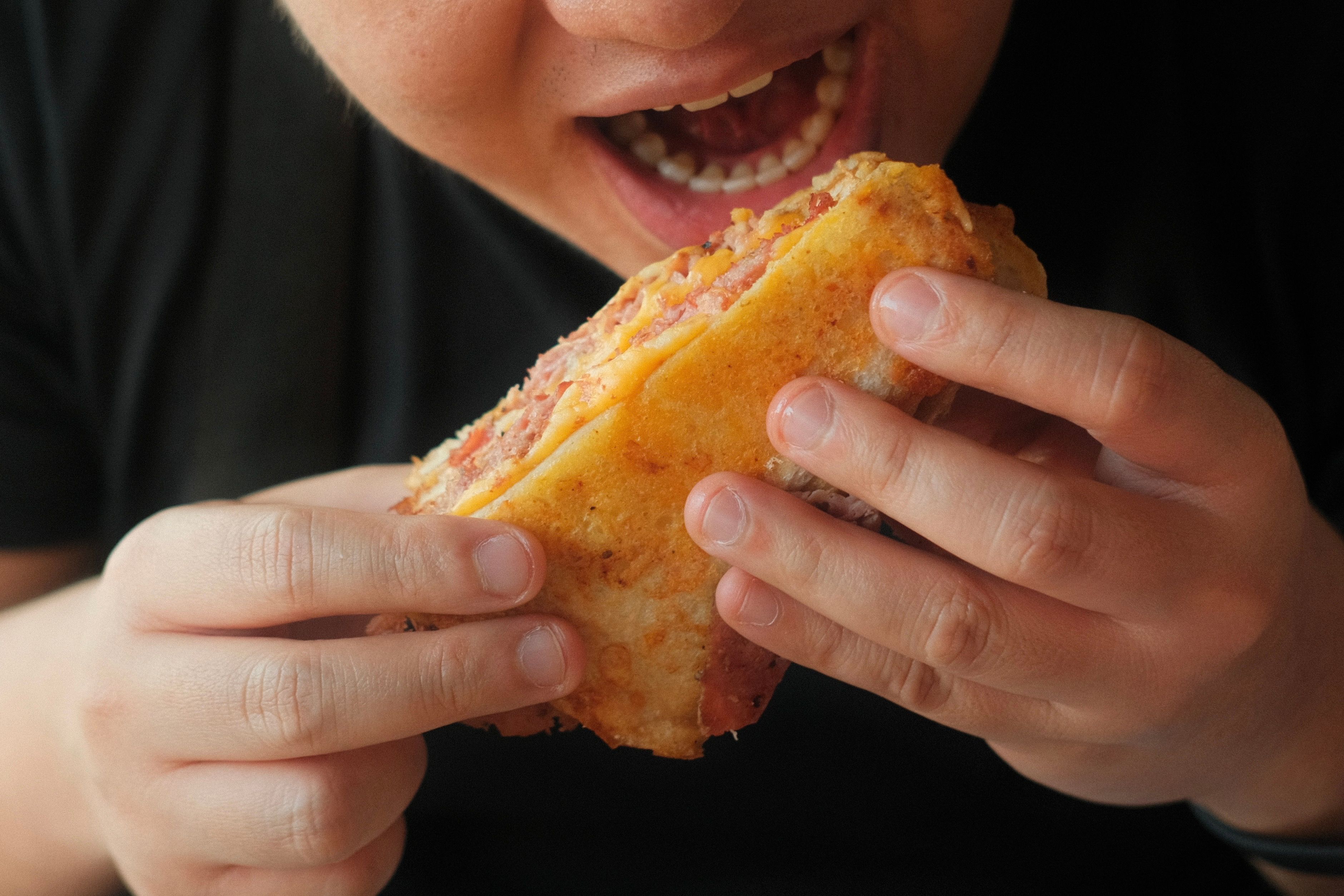 Close-up of Person Enjoying a Hearty Sandwich · Free Stock Photo