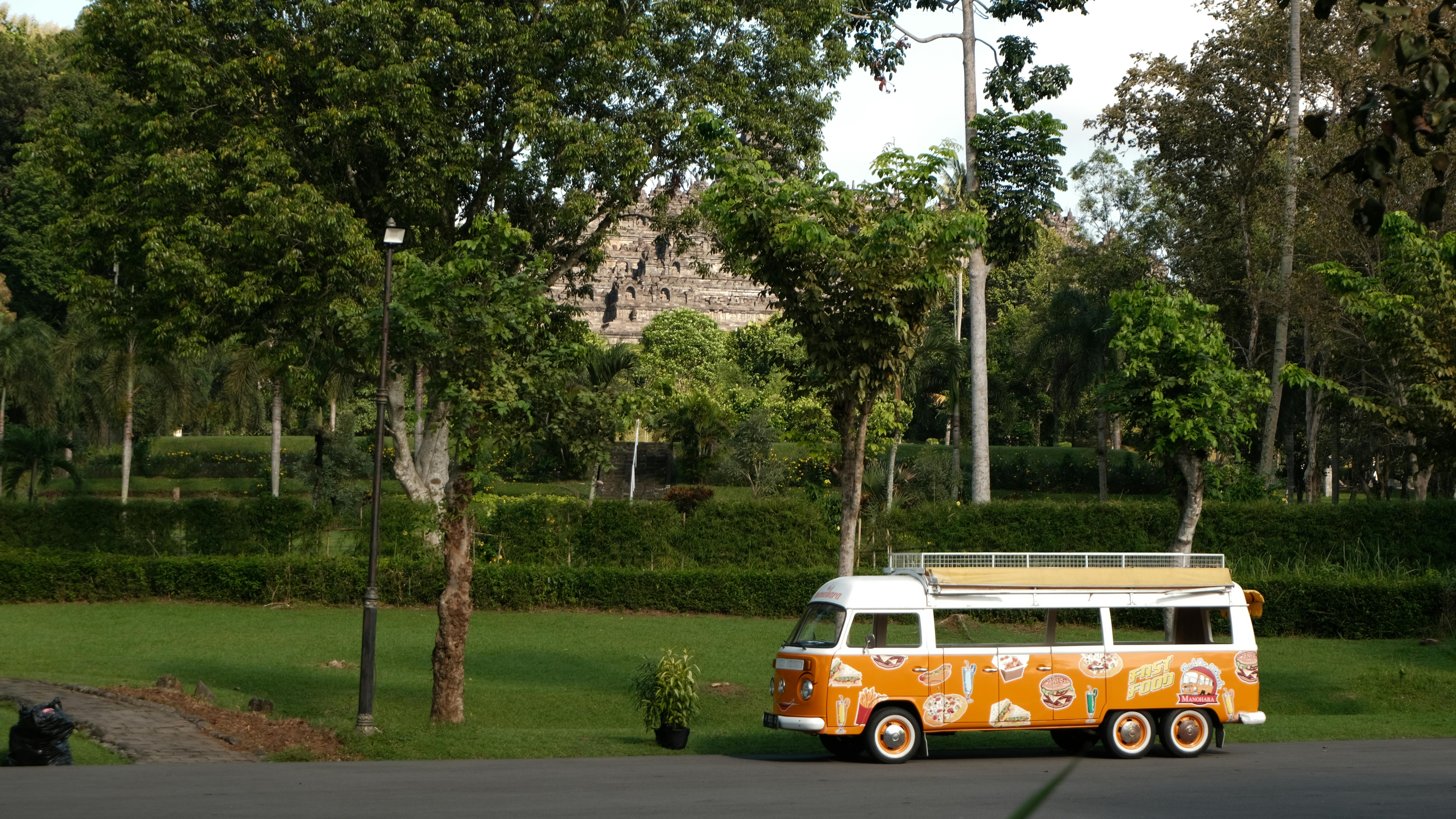Vintage Orange Camper Van in Lush Park Setting · Free Stock Photo