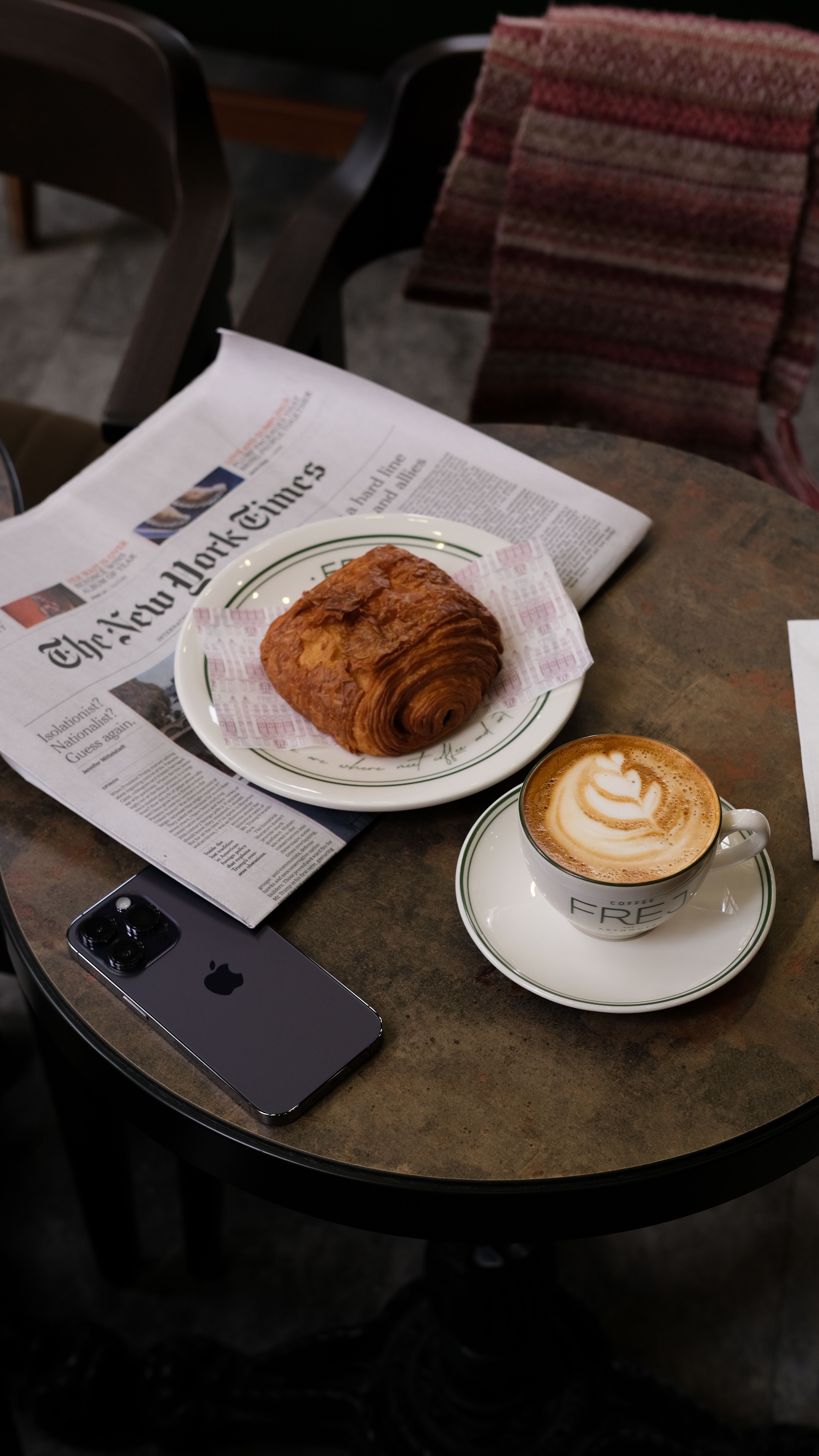 Cozy Coffee Break with Croissant and Newspaper · Free Stock Photo