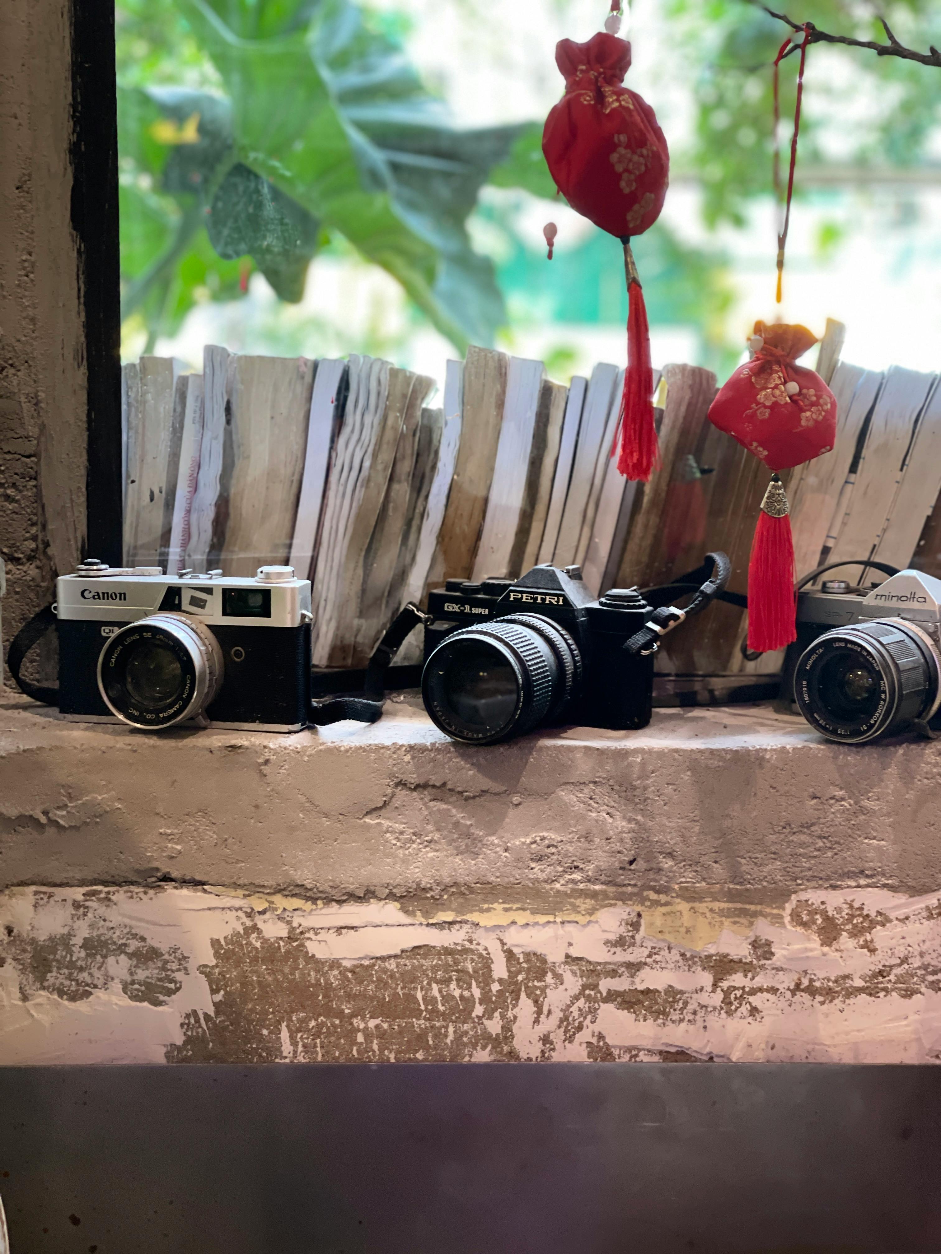 Vintage Cameras Displayed on Rustic Shelf · Free Stock Photo