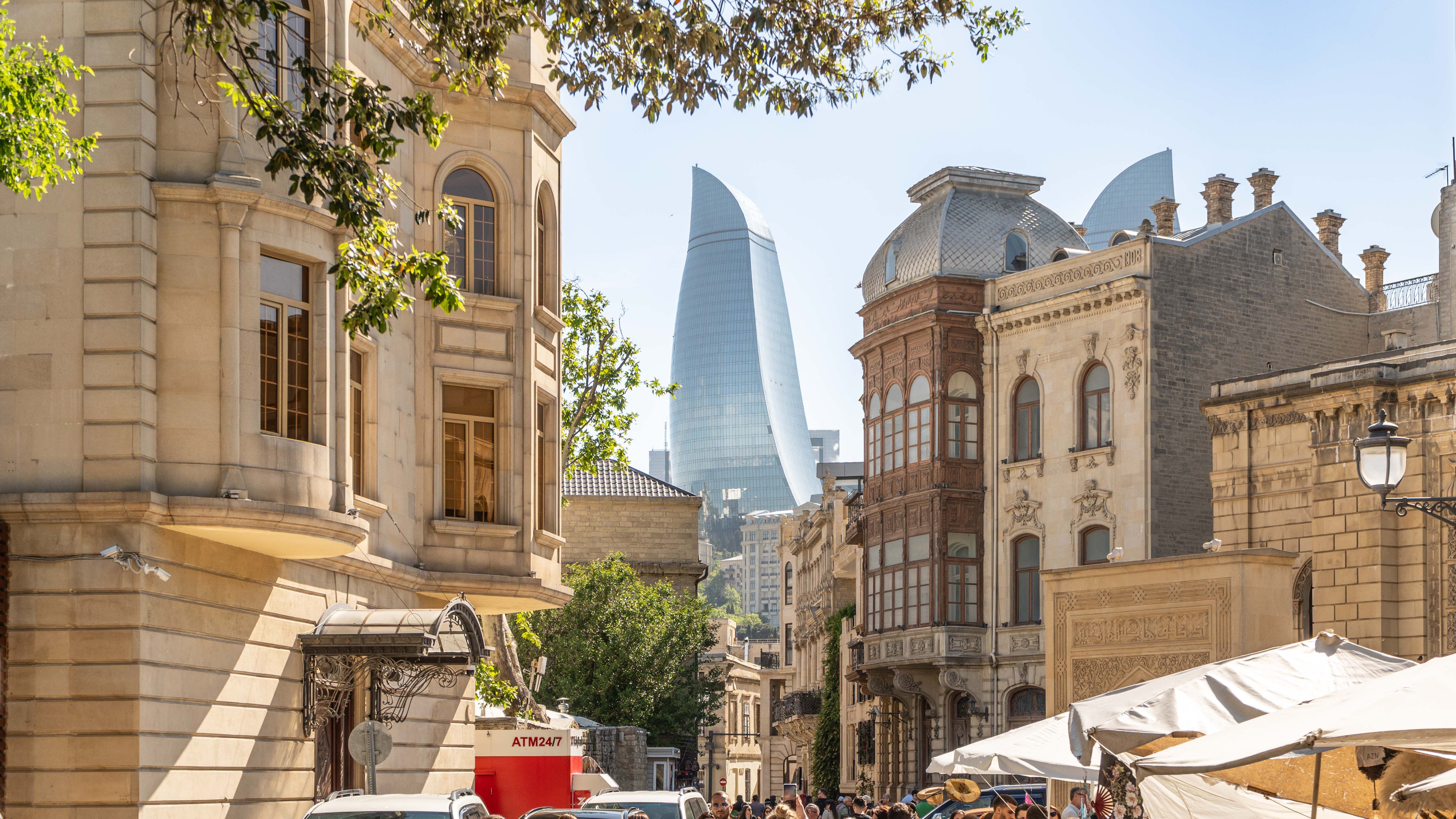 Historic Street View with Flame Towers in Baku · Free Stock Photo