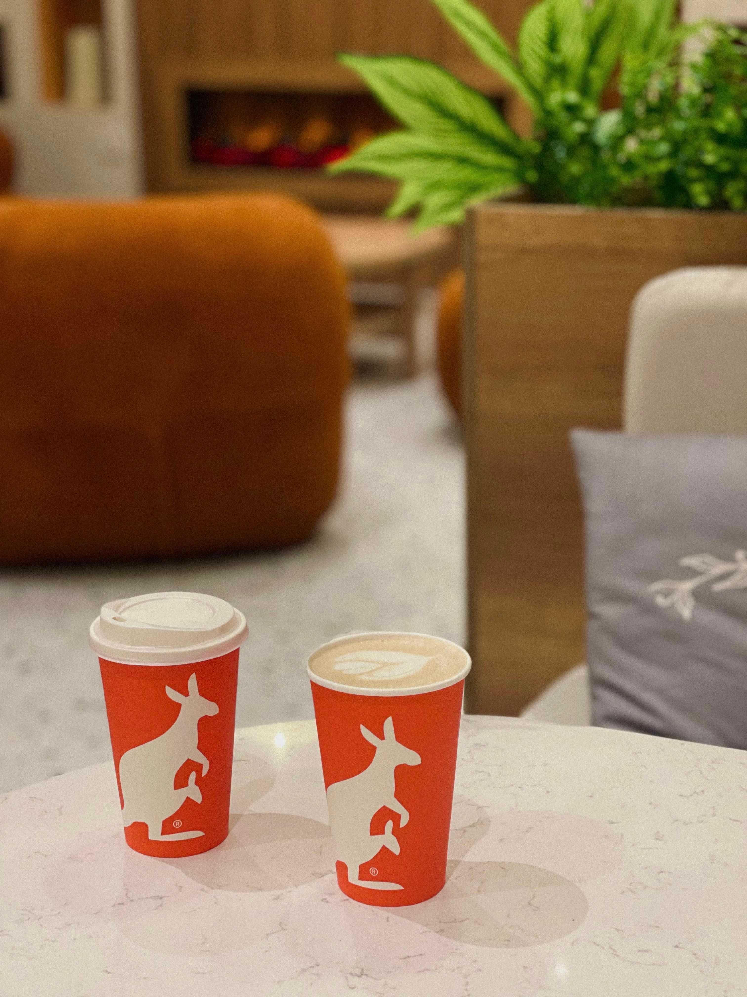 Two Coffee Cups with Kangaroo Logo in Cozy Cafe · Free Stock Photo