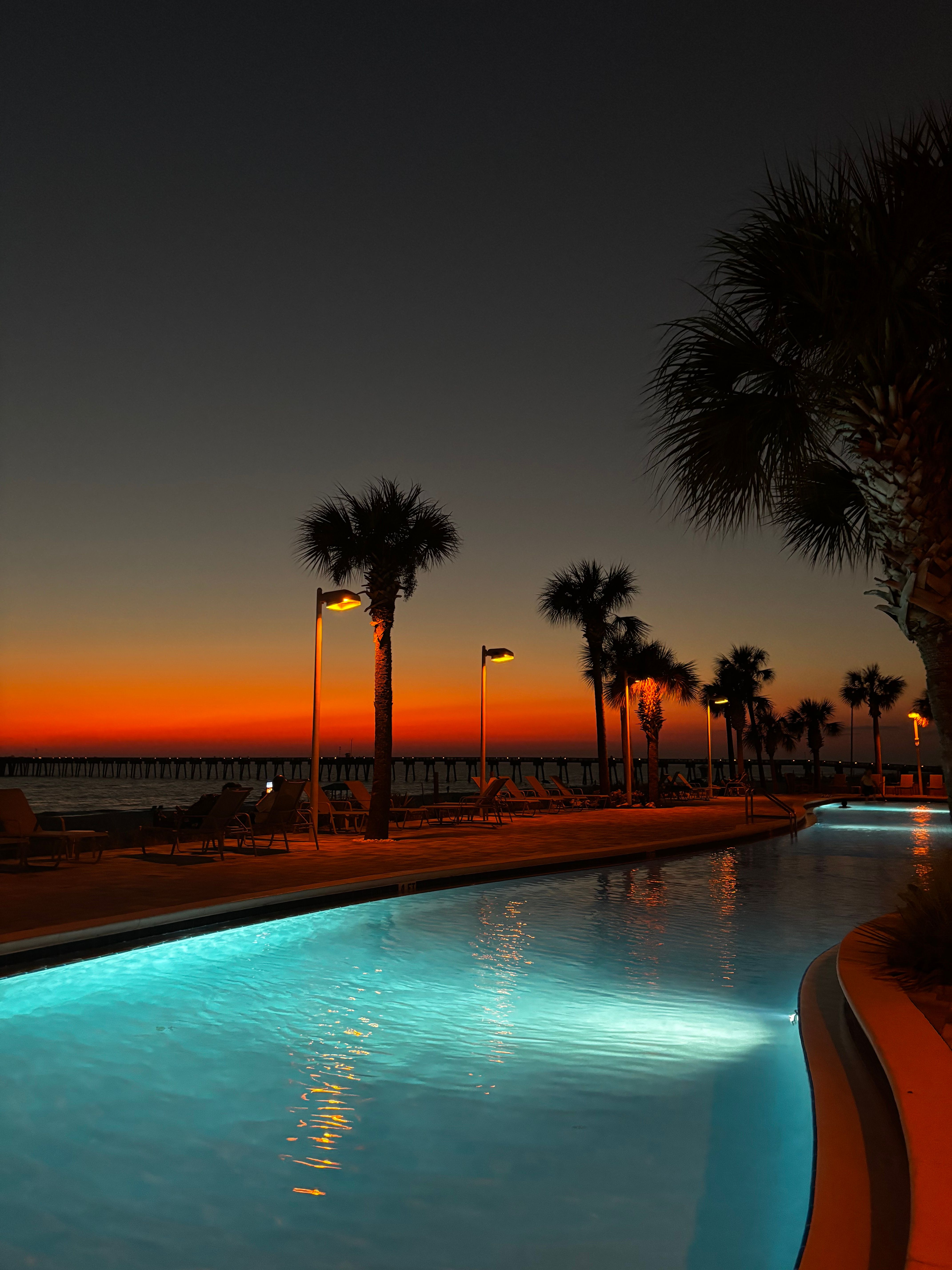 Scenic Sunset at Beachside Pool with Palm Trees · Free Stock Photo