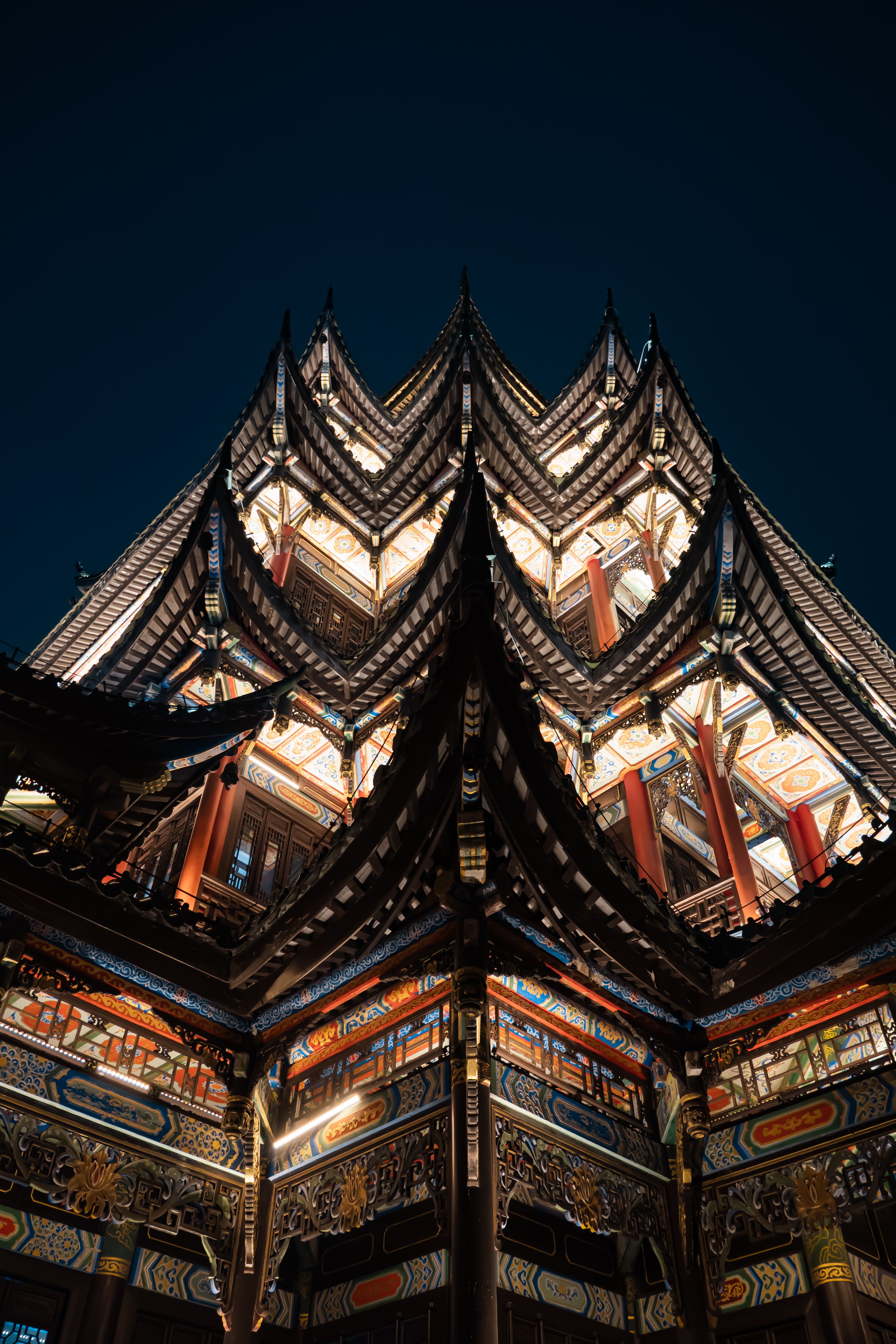 Illuminated Traditional Chinese Architecture at Night · Free Stock Photo