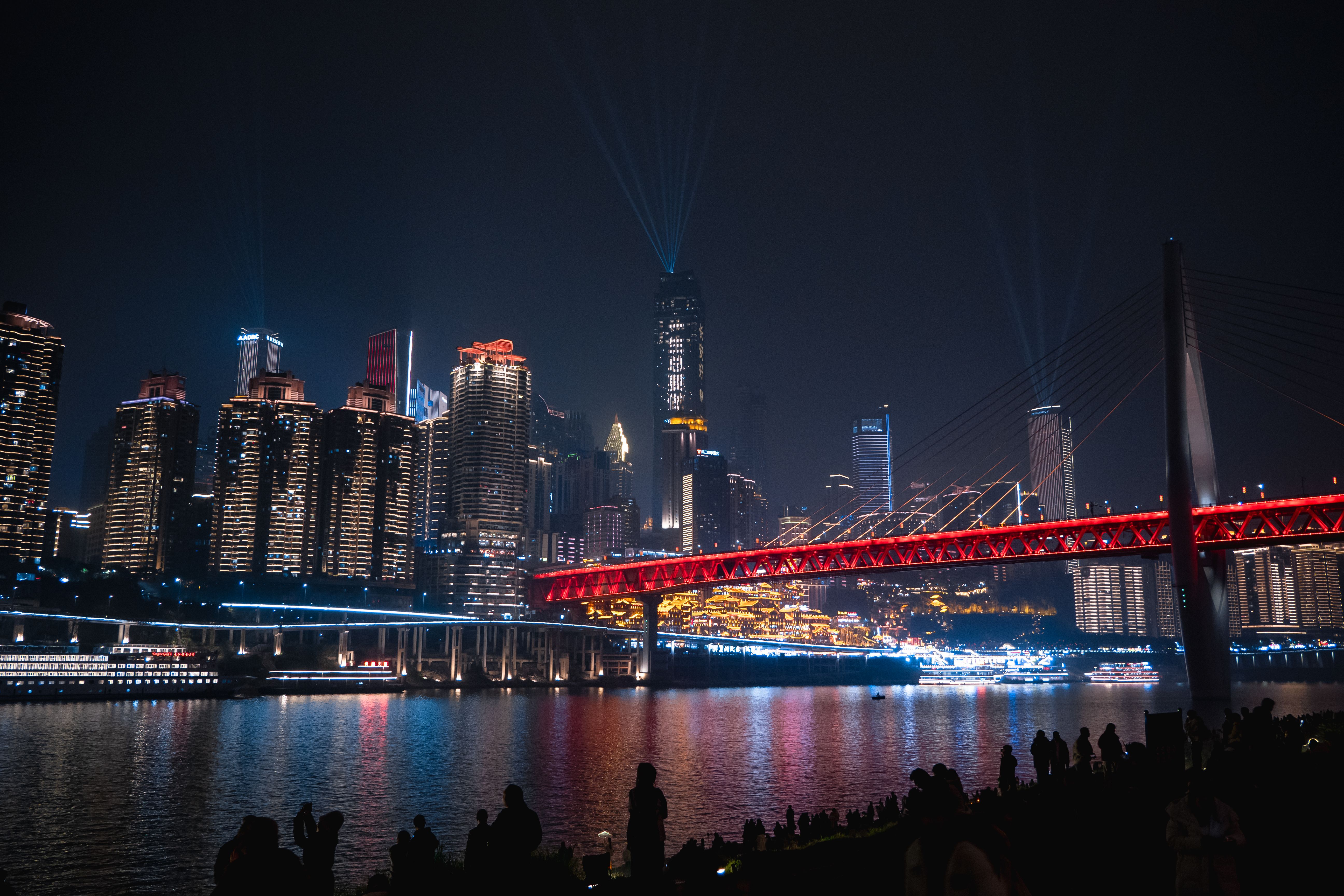 Dazzling Night Skyline of Chongqing with Red Bridge · Free Stock Photo