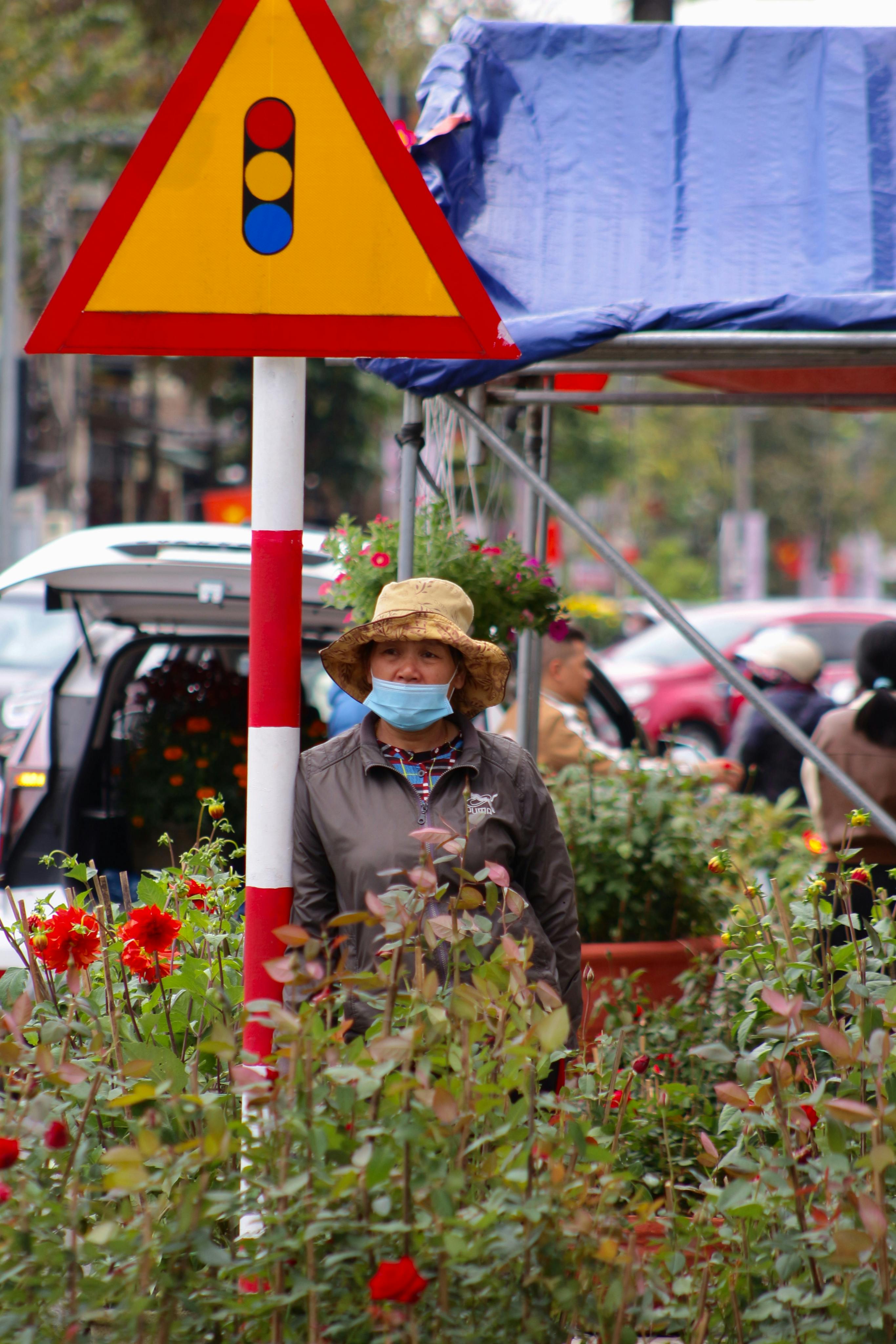 Woman in Market with Traffic Sign and Flowers · Free Stock Photo