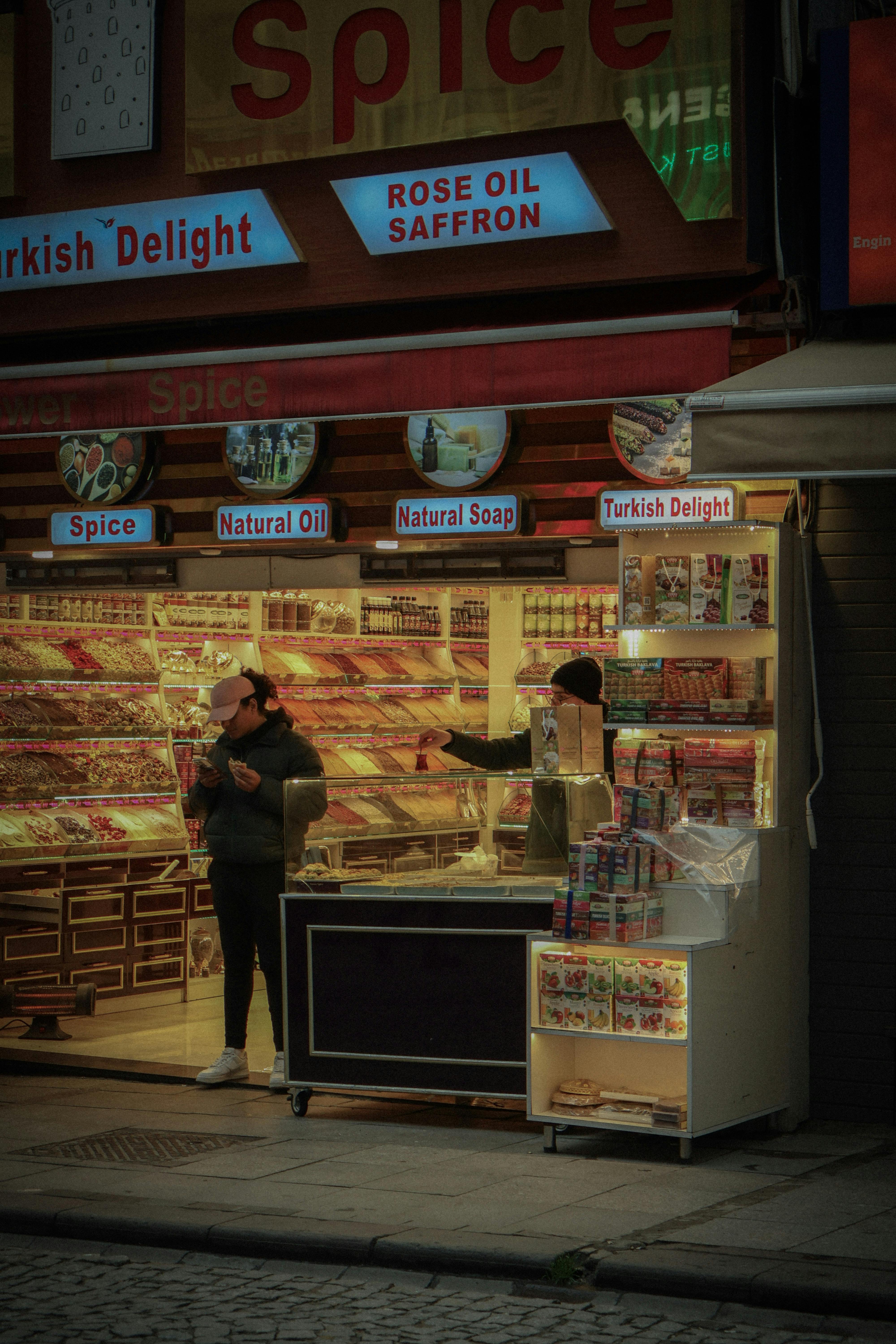 Turkish Delight Shop with Spices Display at Night · Free Stock Photo