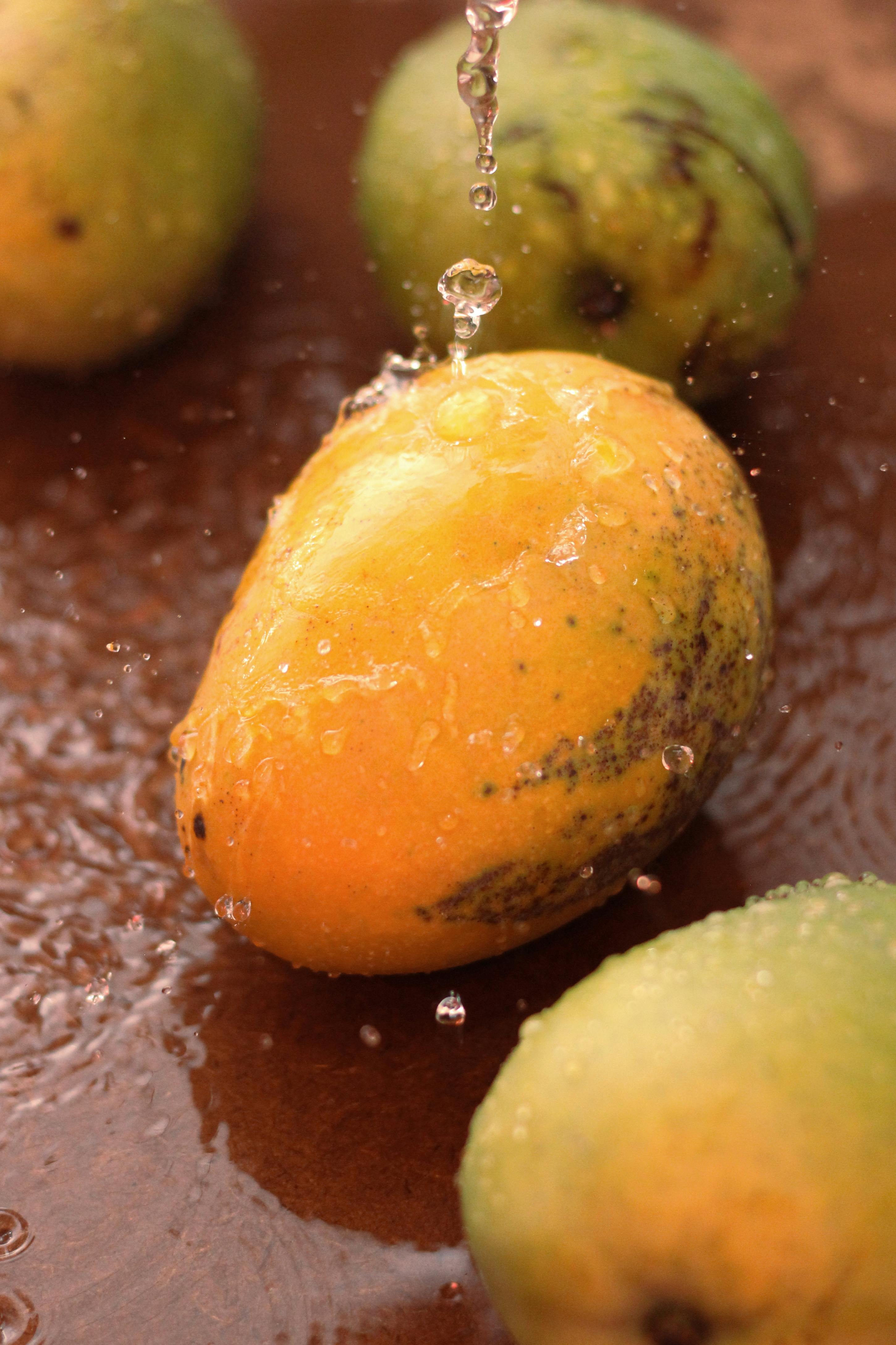 Refreshing Water Splash on Ripe Mangoes · Free Stock Photo