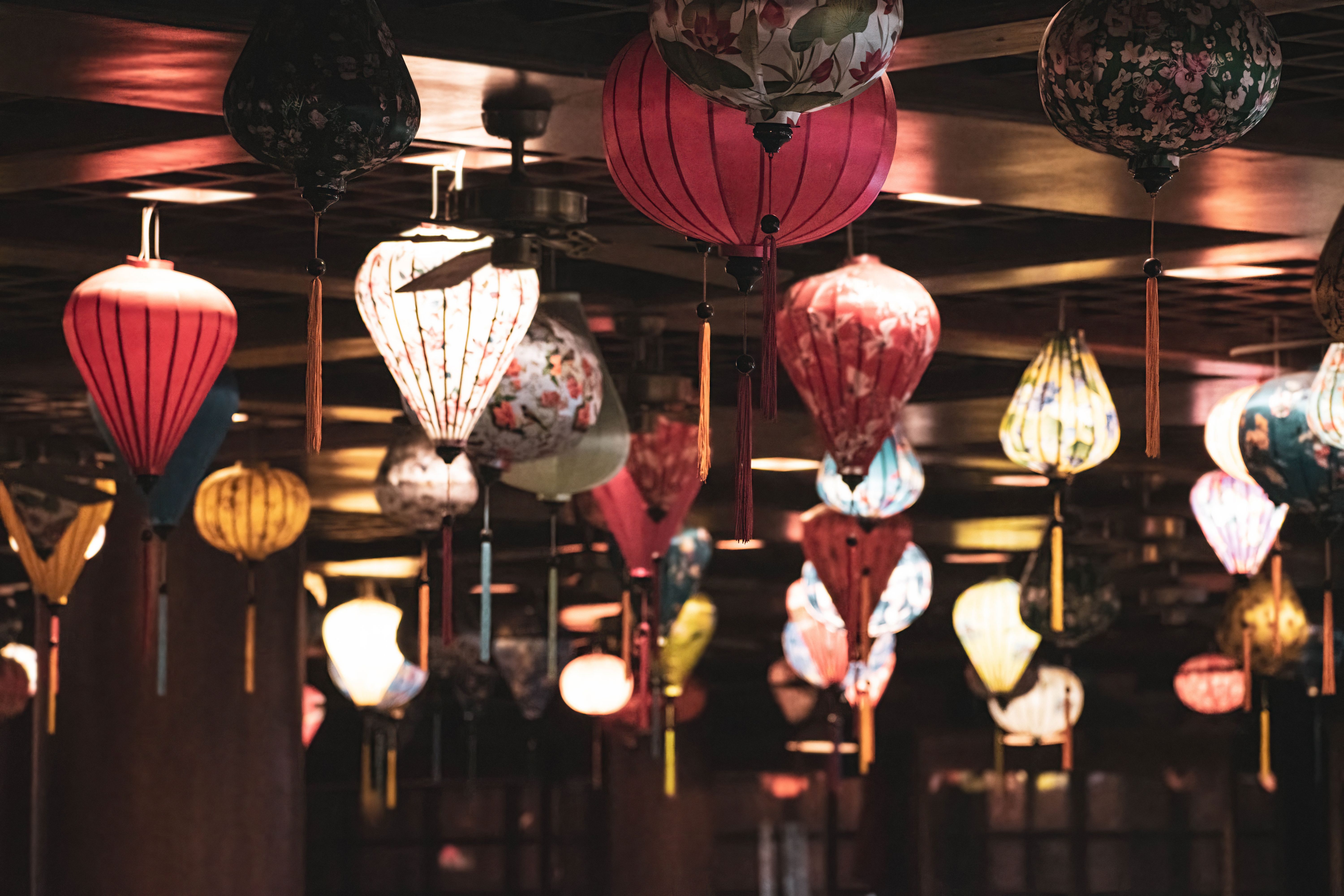 Vibrant Asian Lanterns Inside Decorated Ceiling · Free Stock Photo