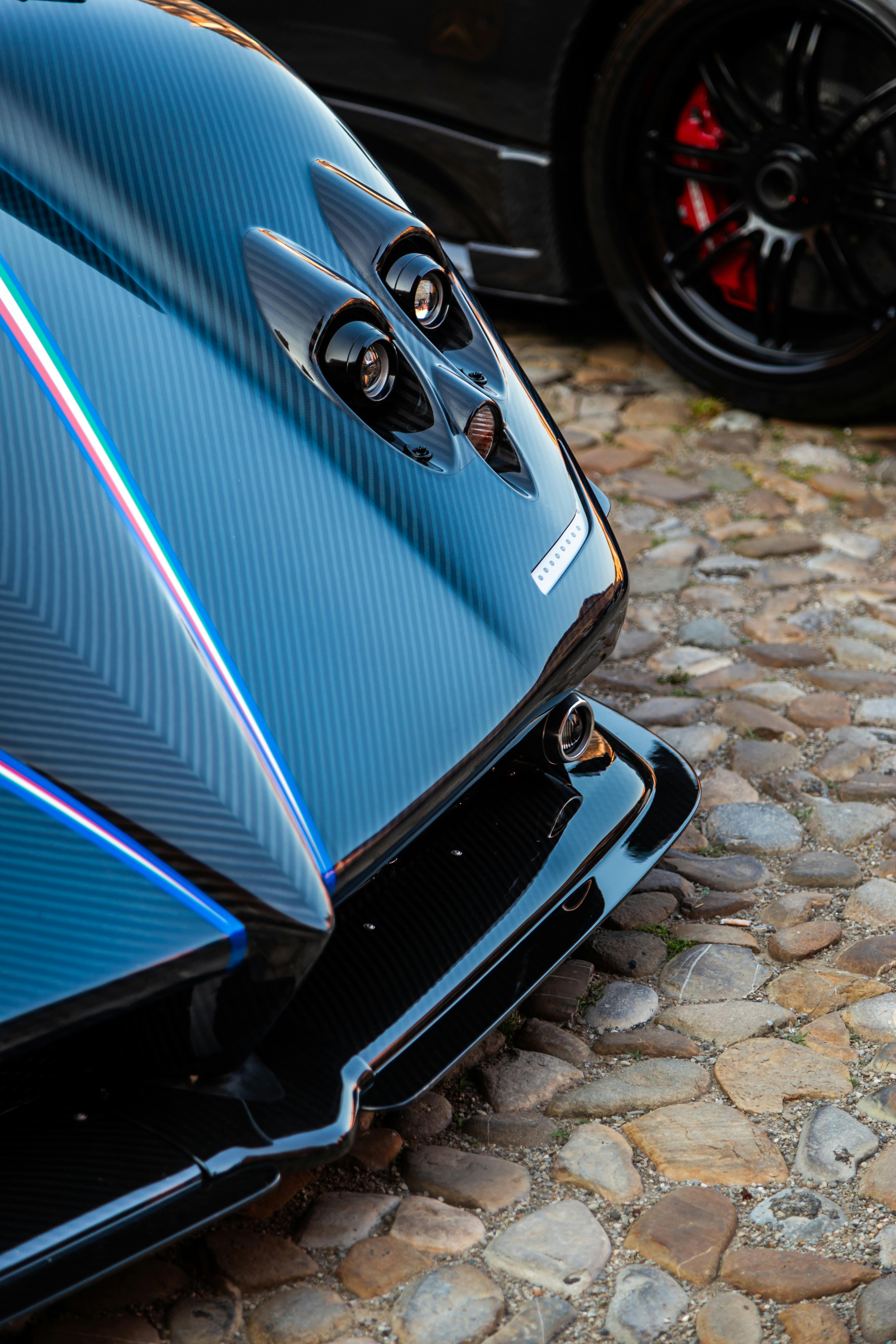 Sleek Blue Pagani Hypercar Front Close-Up · Free Stock Photo