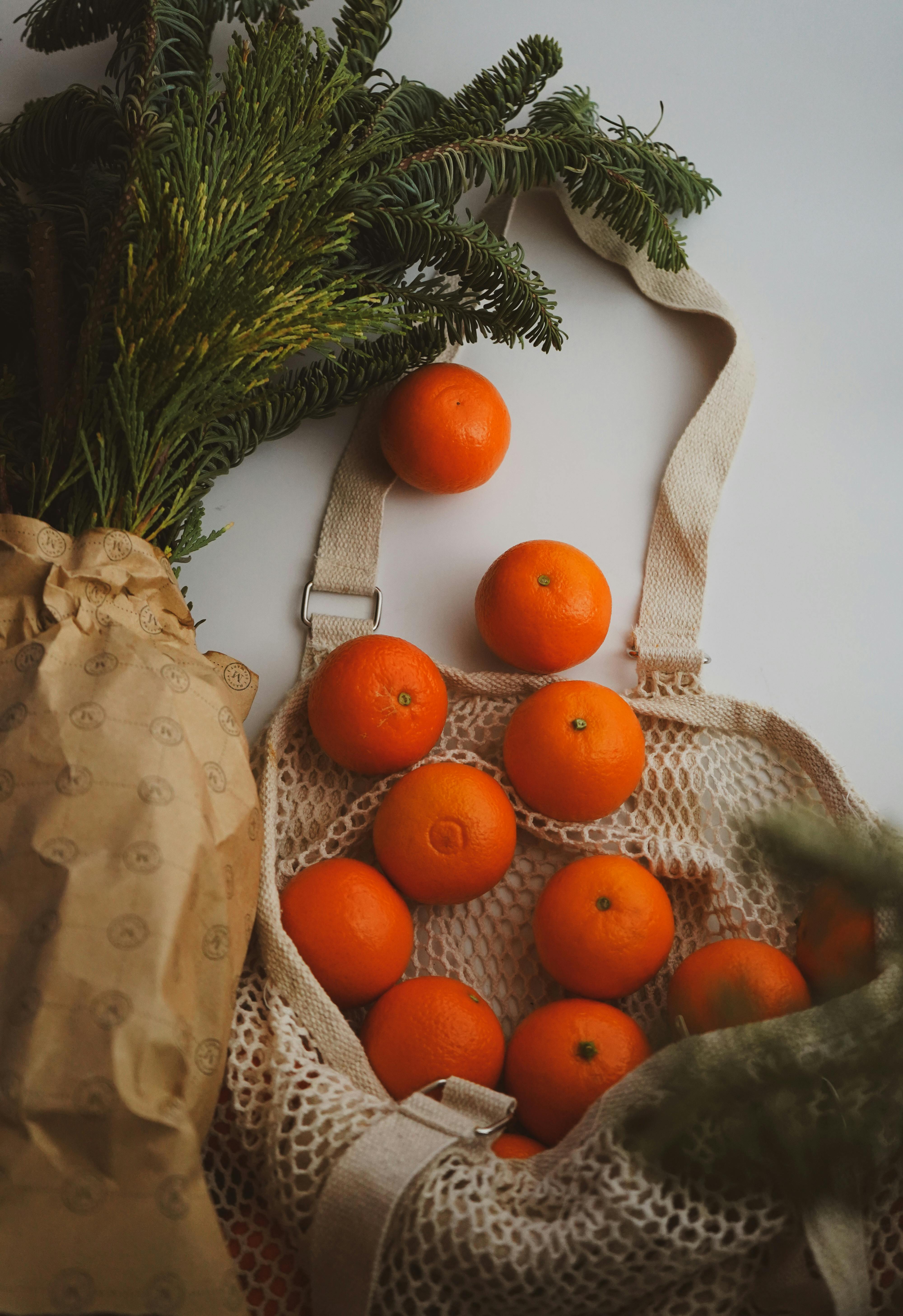 Fresh Oranges in Eco-Friendly Mesh Bag with Greenery · Free Stock Photo