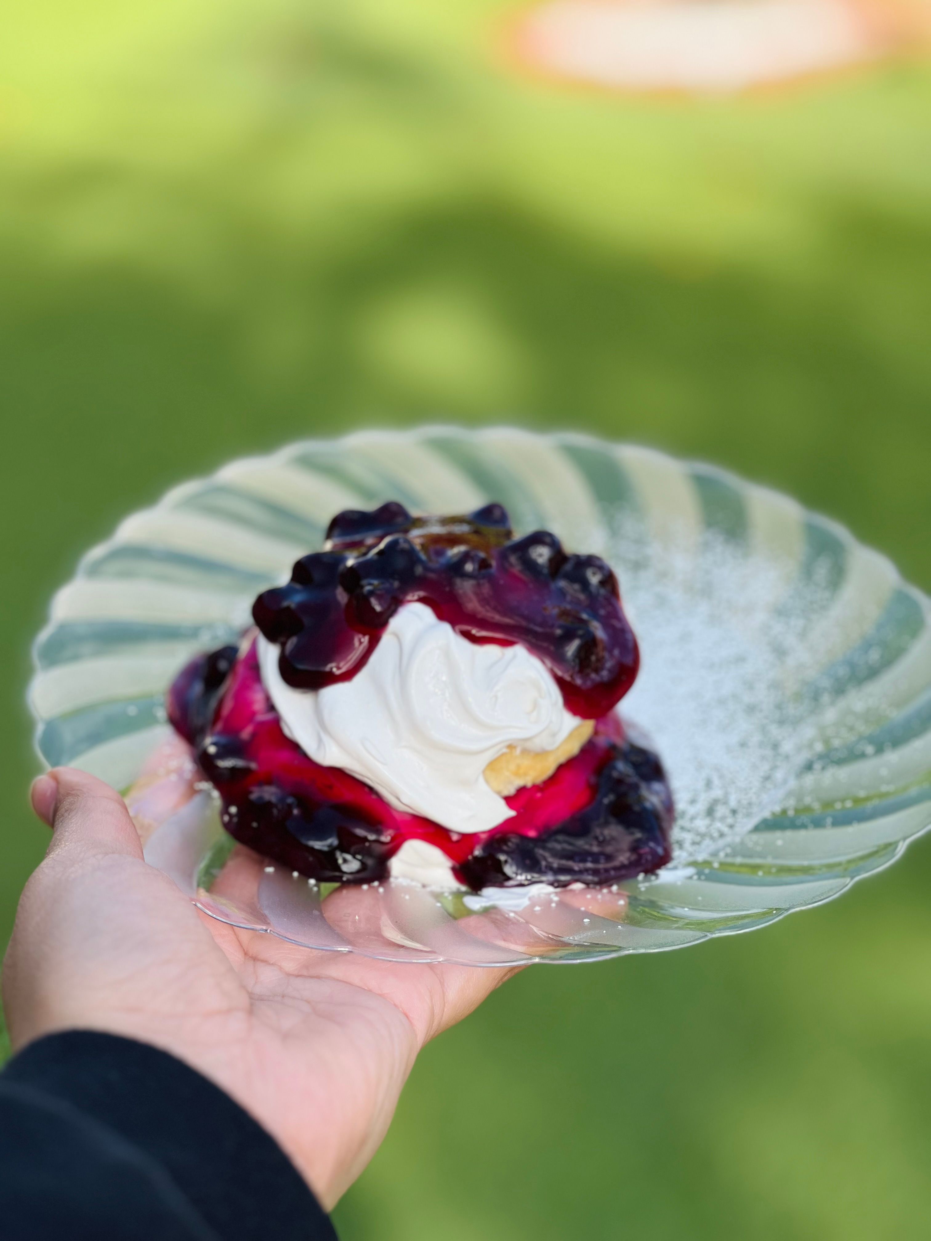 Delicioso Postre De Frutos Rojos En Plato De Vidrio Al Aire Libre ...