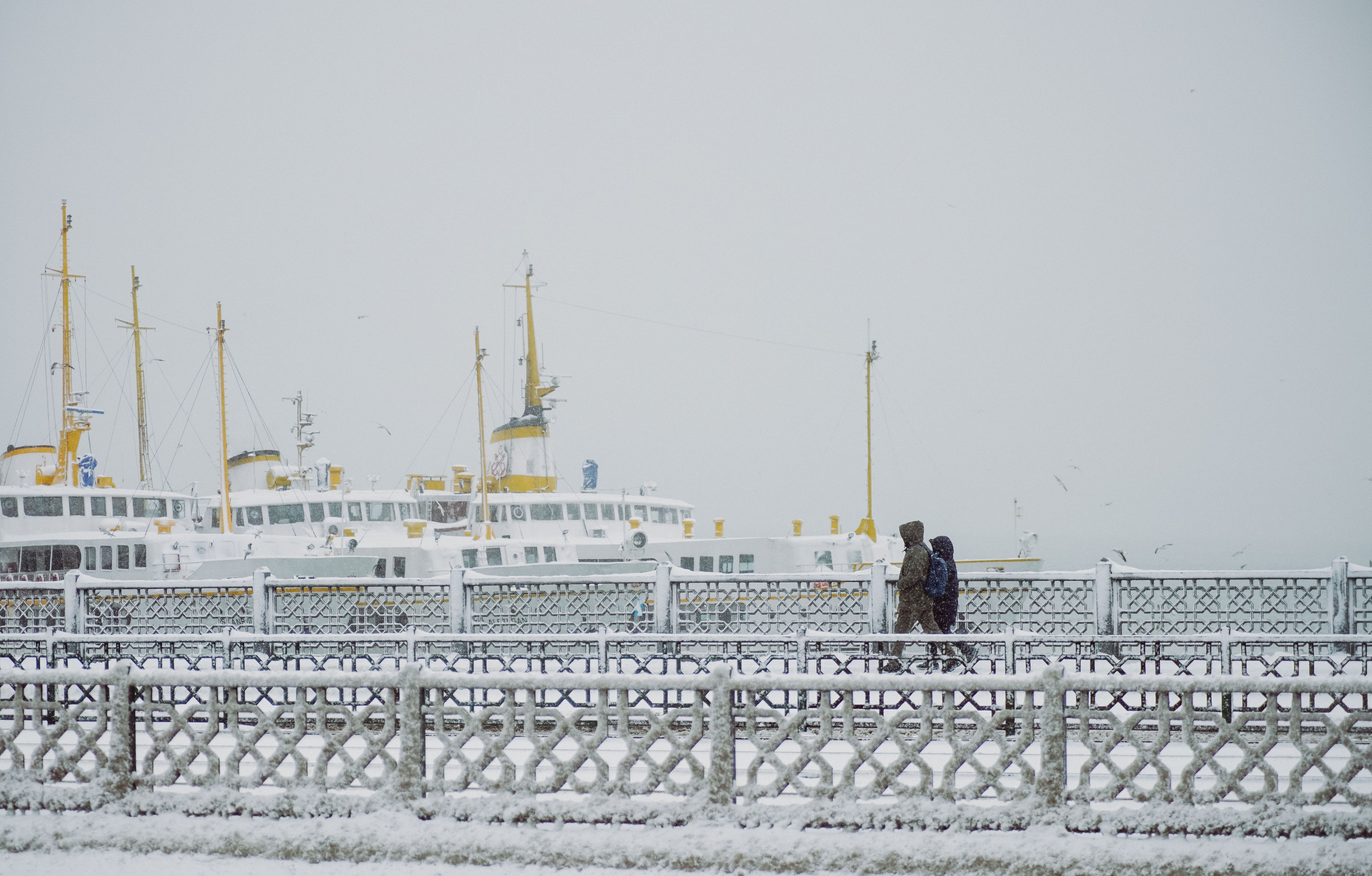 Snowy Harbor Scene with Docked Ships and People Walking · Free Stock Photo