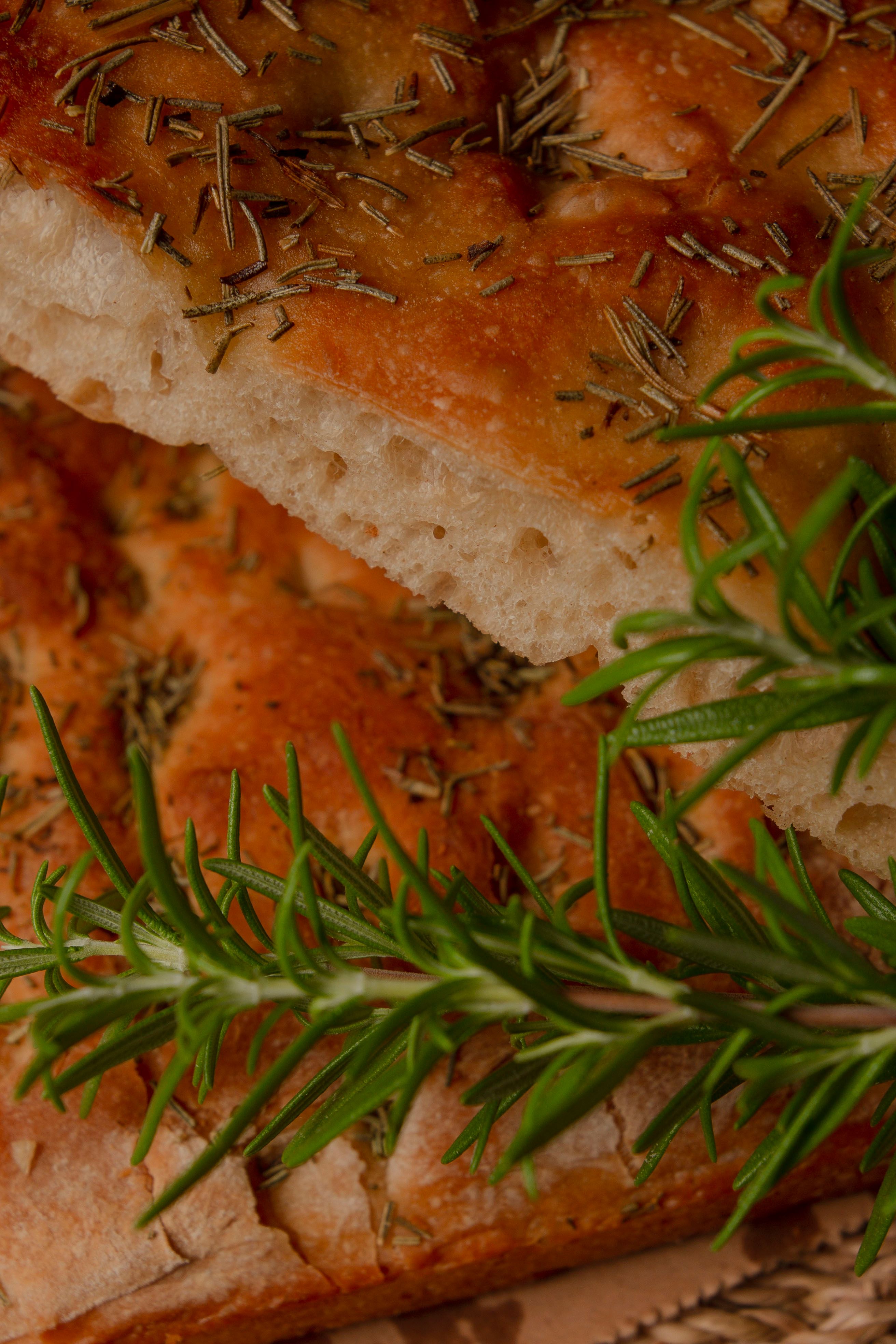 Close-up of Fresh Herb Topped Focaccia Bread · Free Stock Photo