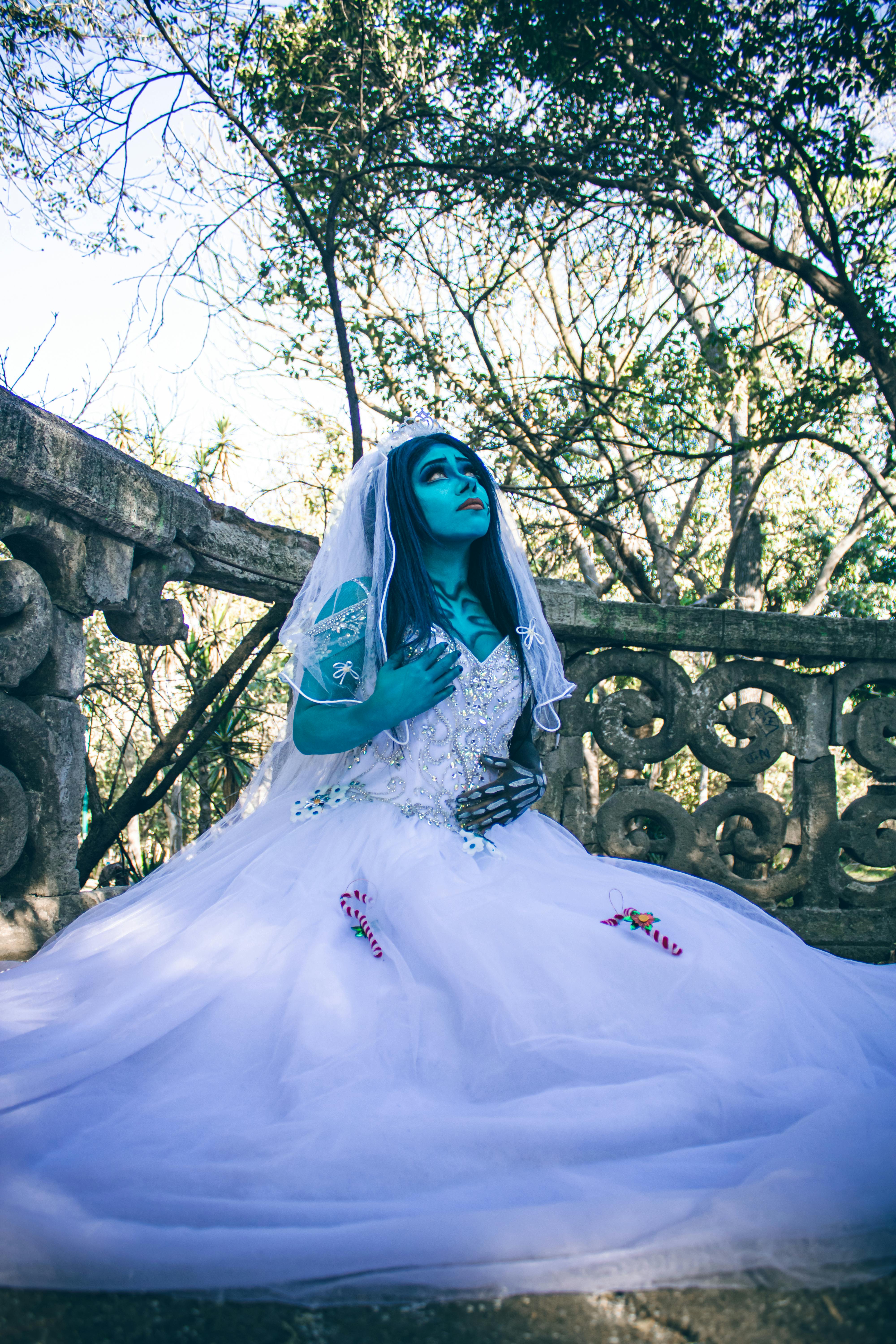 Artistic Blue Cosplay Bride in Nature · Free Stock Photo