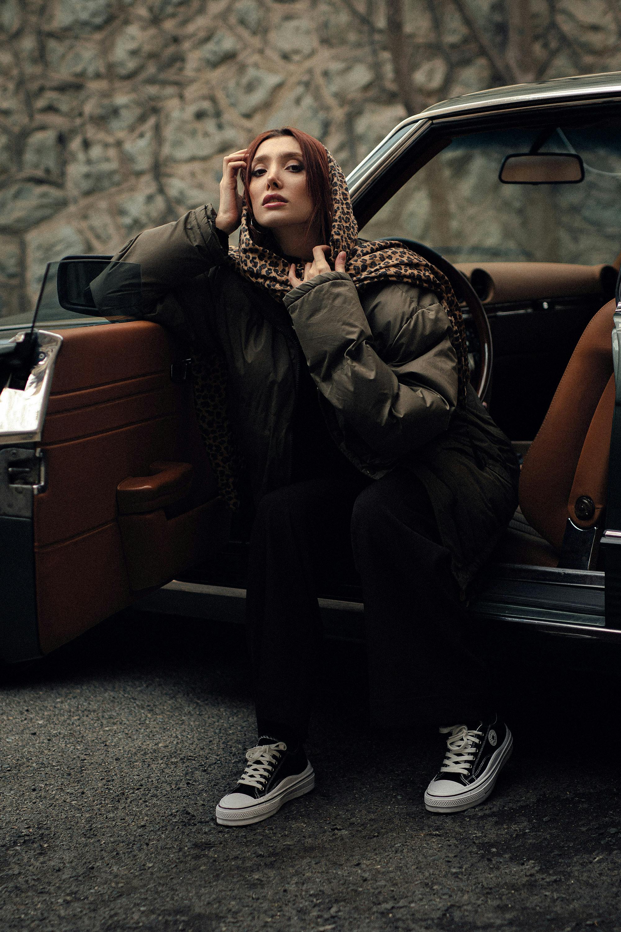 Stylish Woman Posing by Vintage Car in Autumn · Free Stock Photo