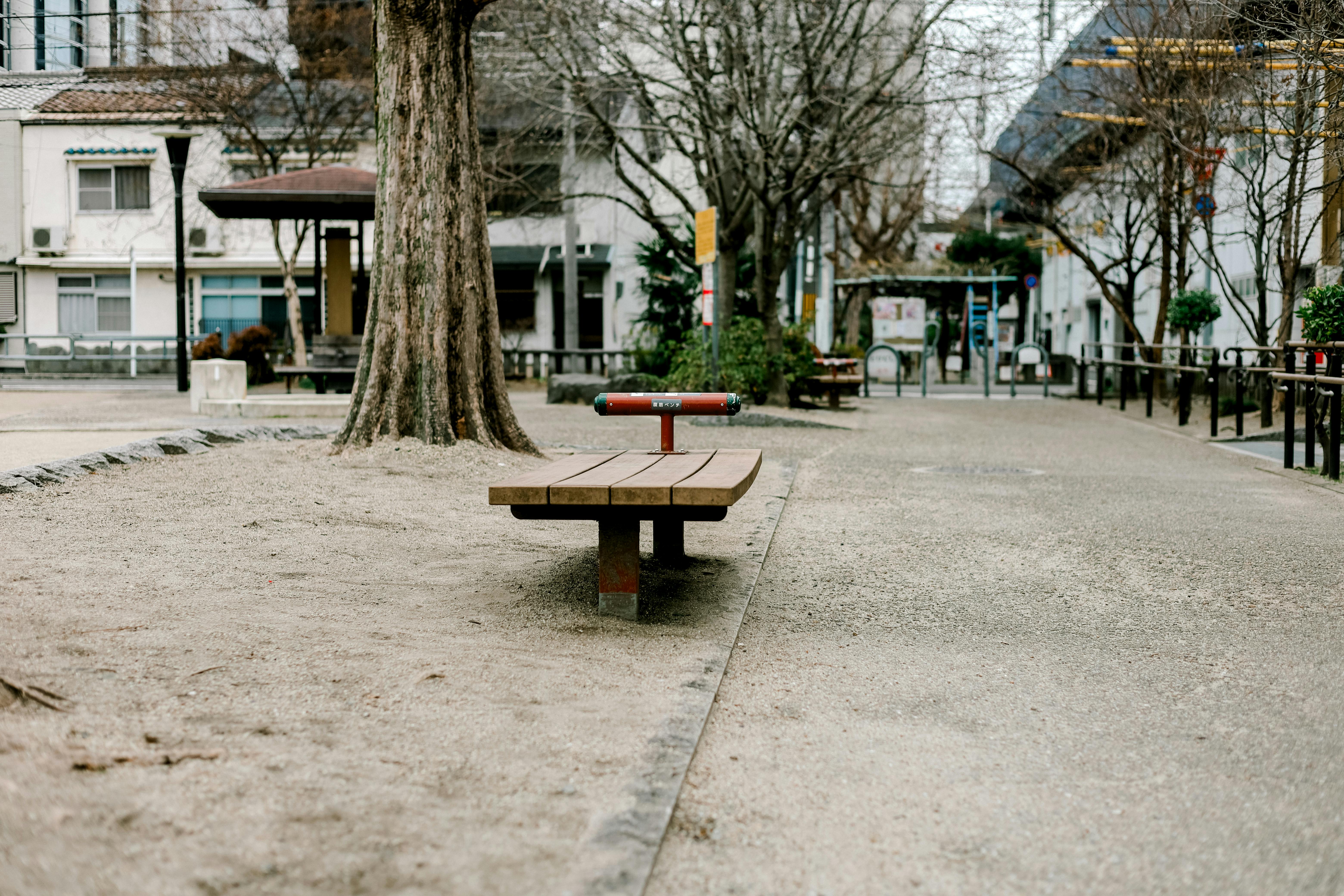 Peaceful Urban Park Bench in Winter Setting · Free Stock Photo