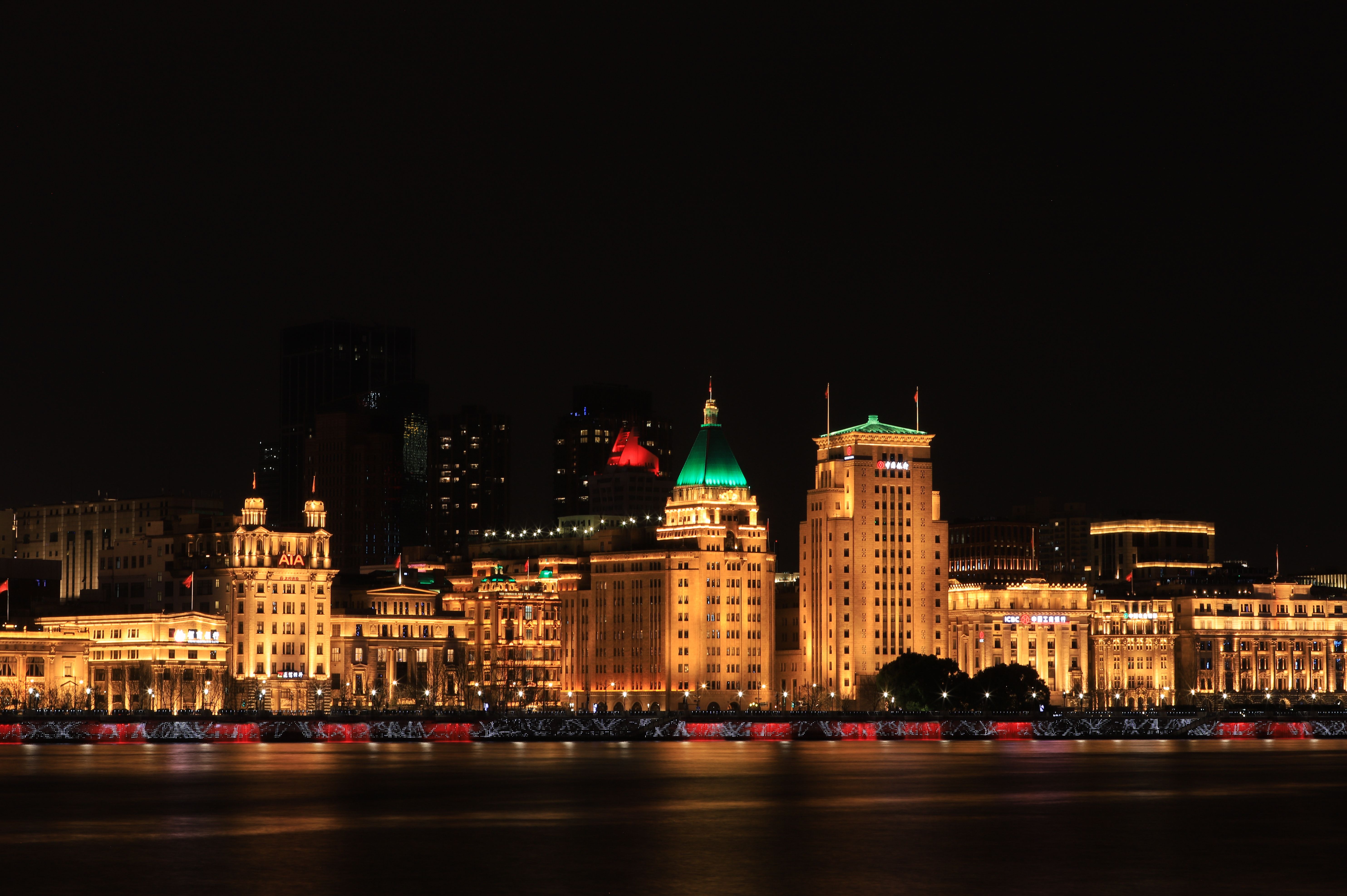 Shanghai Bund Night View with Illuminated Buildings · Free Stock Photo