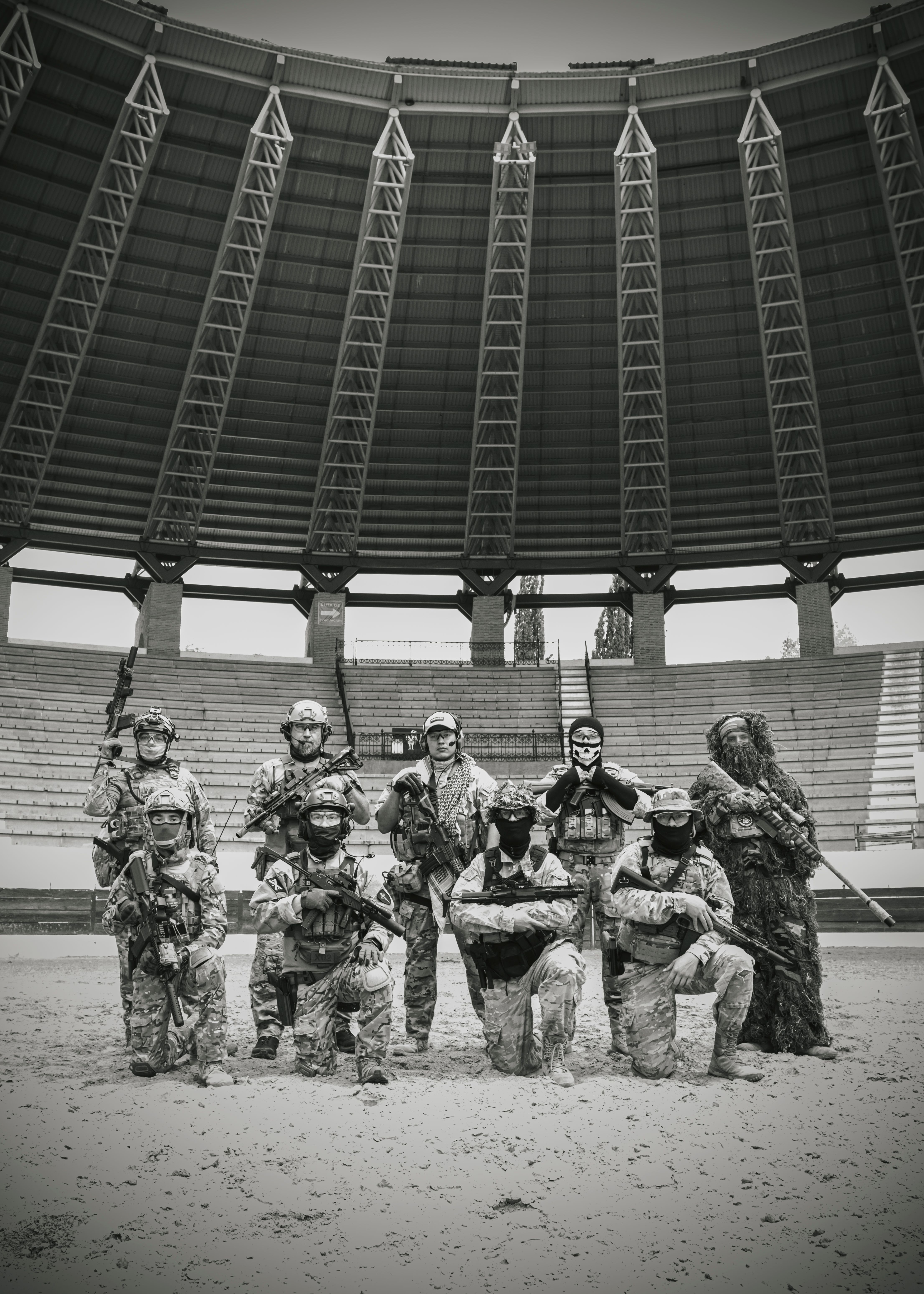 Military Group in Tactical Gear in Outdoor Arena · Free Stock Photo