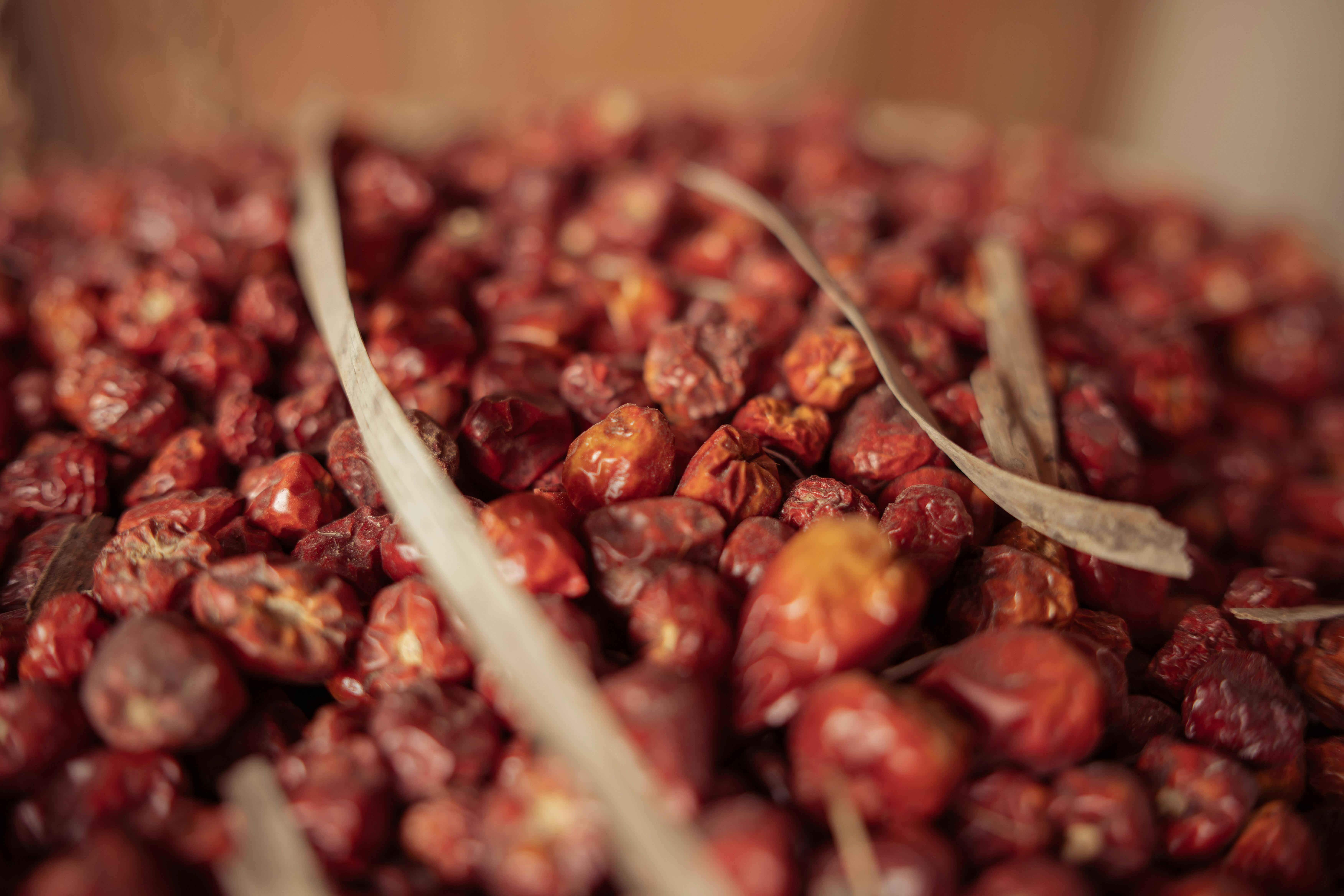 Close-up of dried red jujubes with stems · Free Stock Photo
