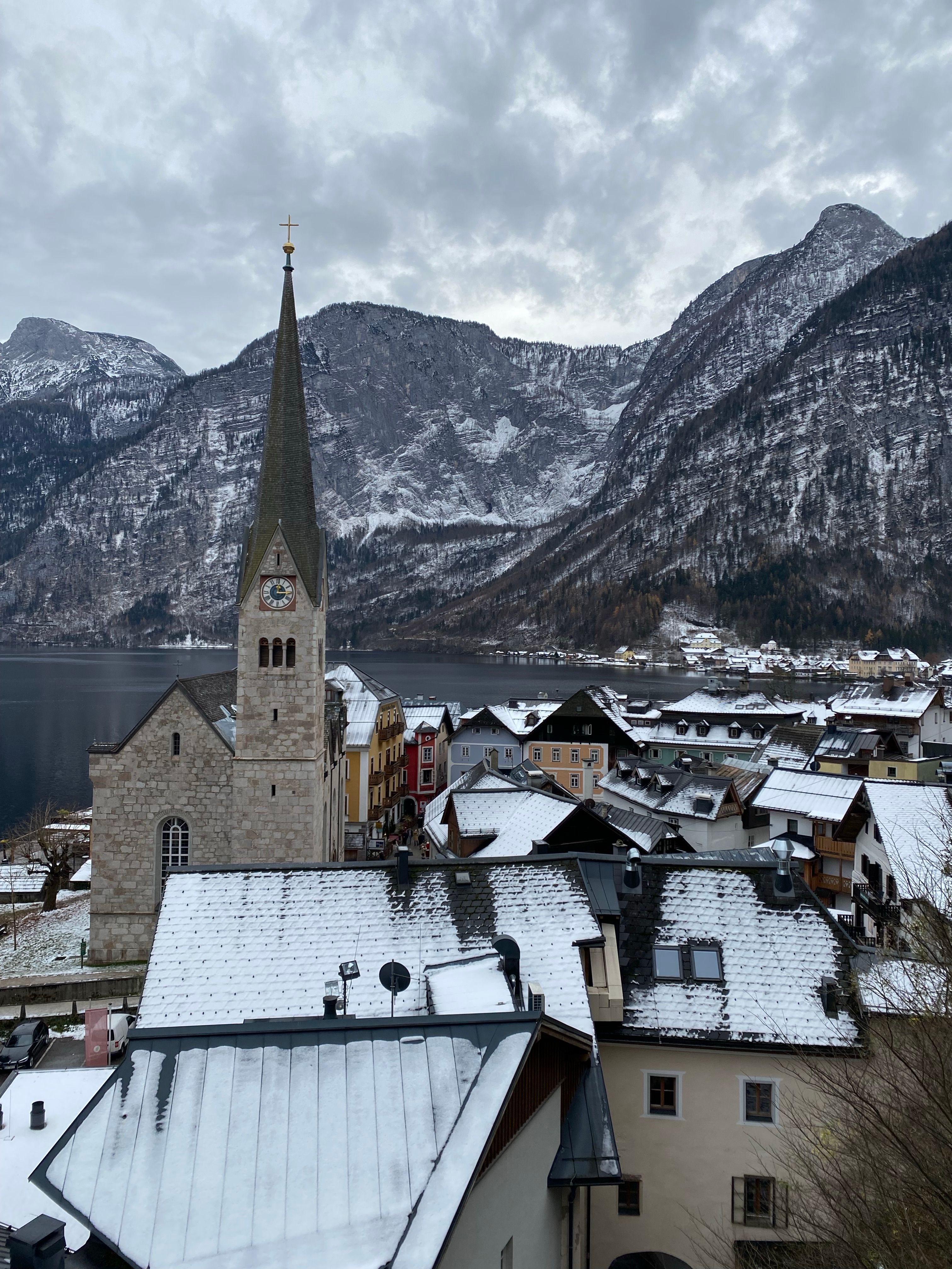 Scenic Winter View of Hallstatt Village and Church · Free Stock Photo