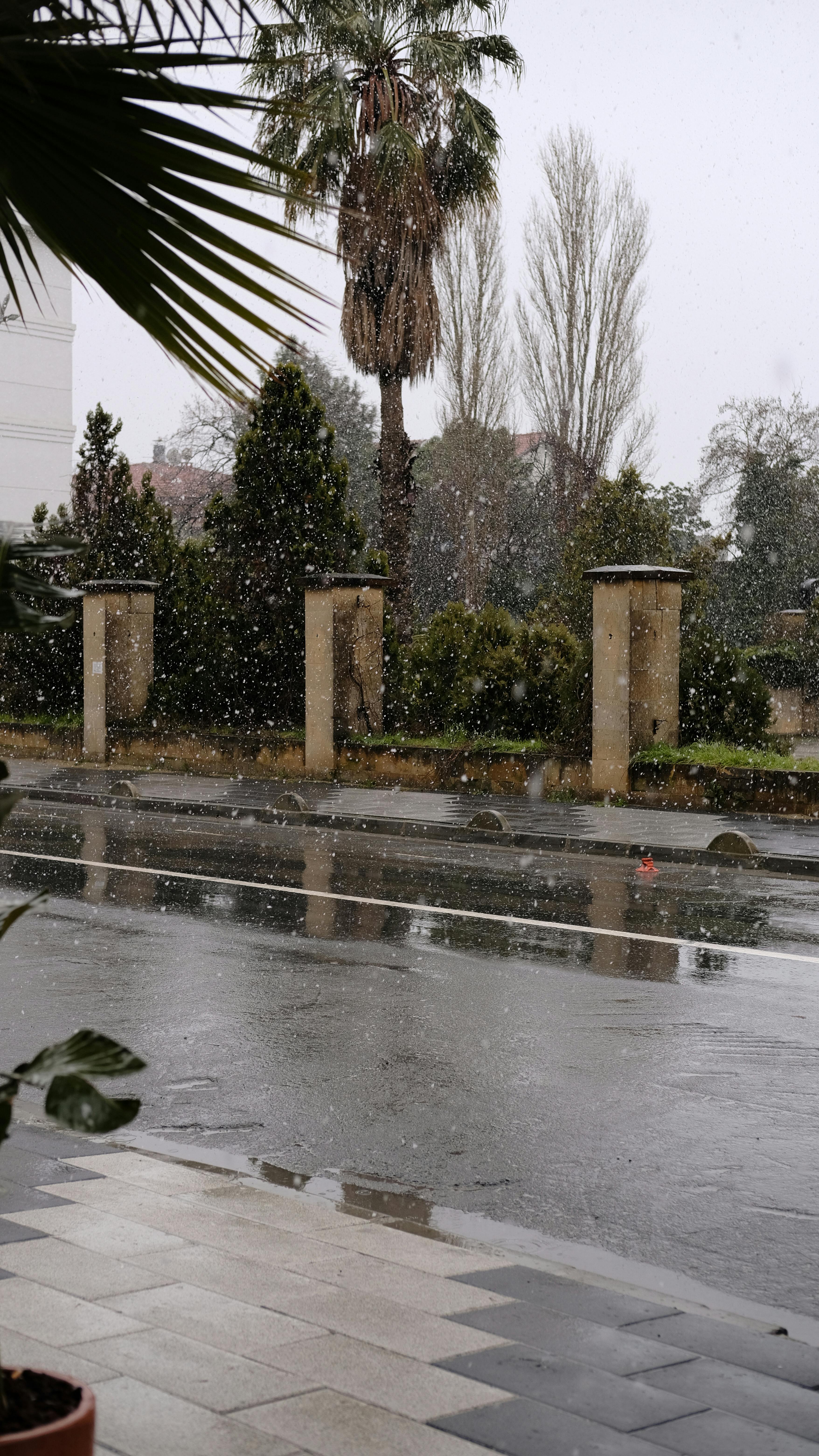 Snowfall on a Gloomy Urban Street Scene · Free Stock Photo