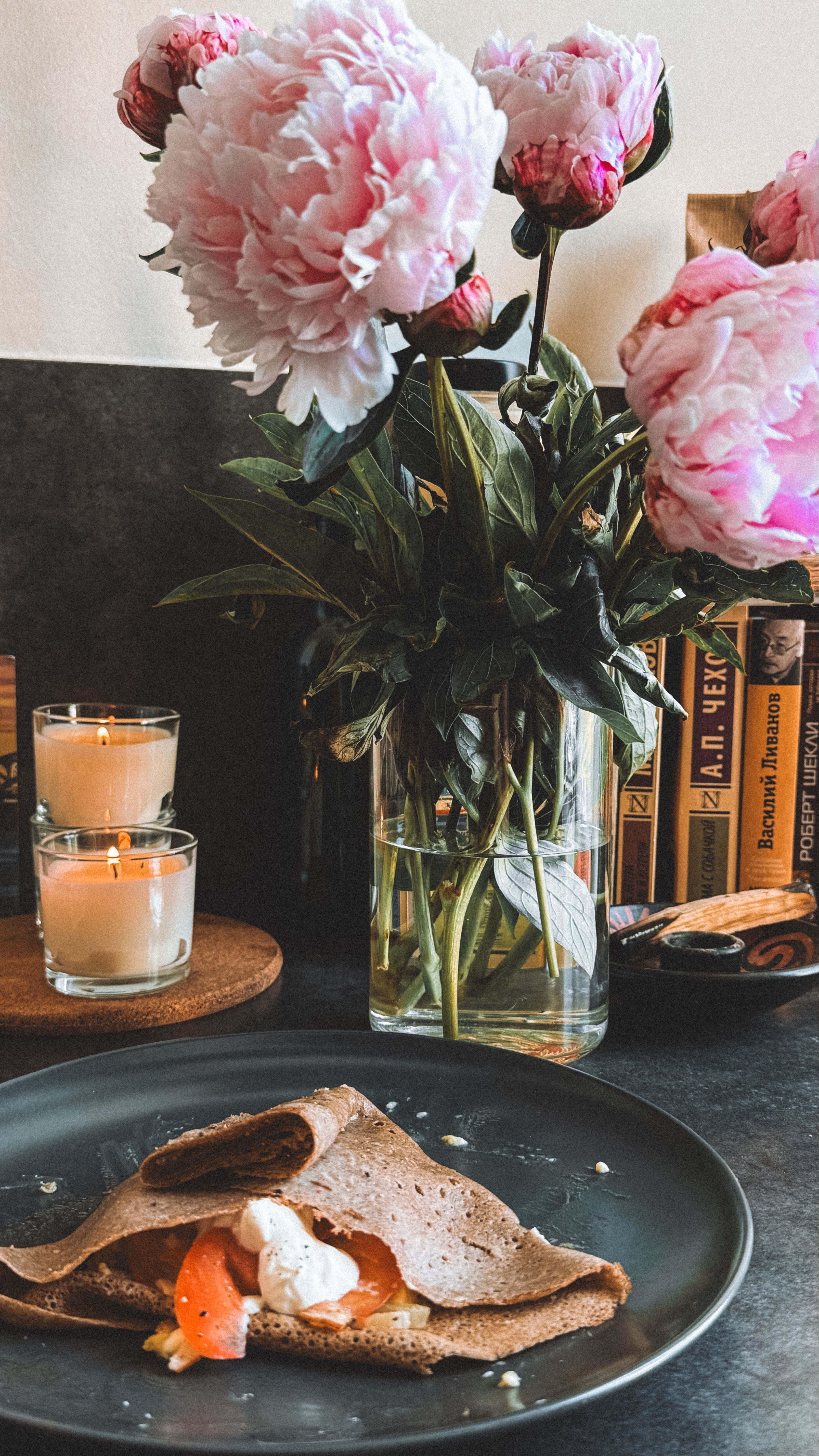 Elegant Breakfast Setting with Peonies and Candlelight · Free Stock Photo