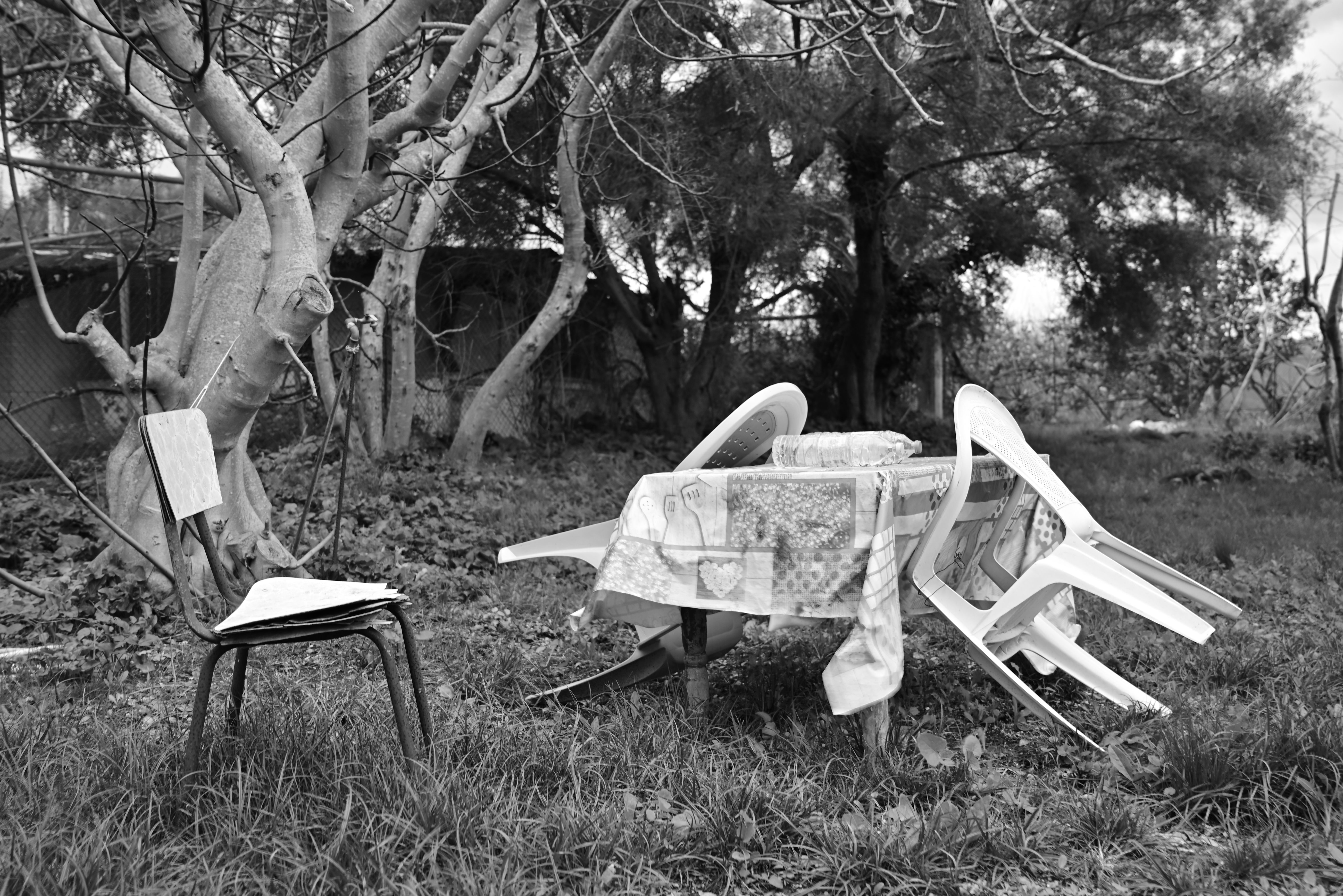 Abandoned Garden Scene with Toppled Chairs · Free Stock Photo