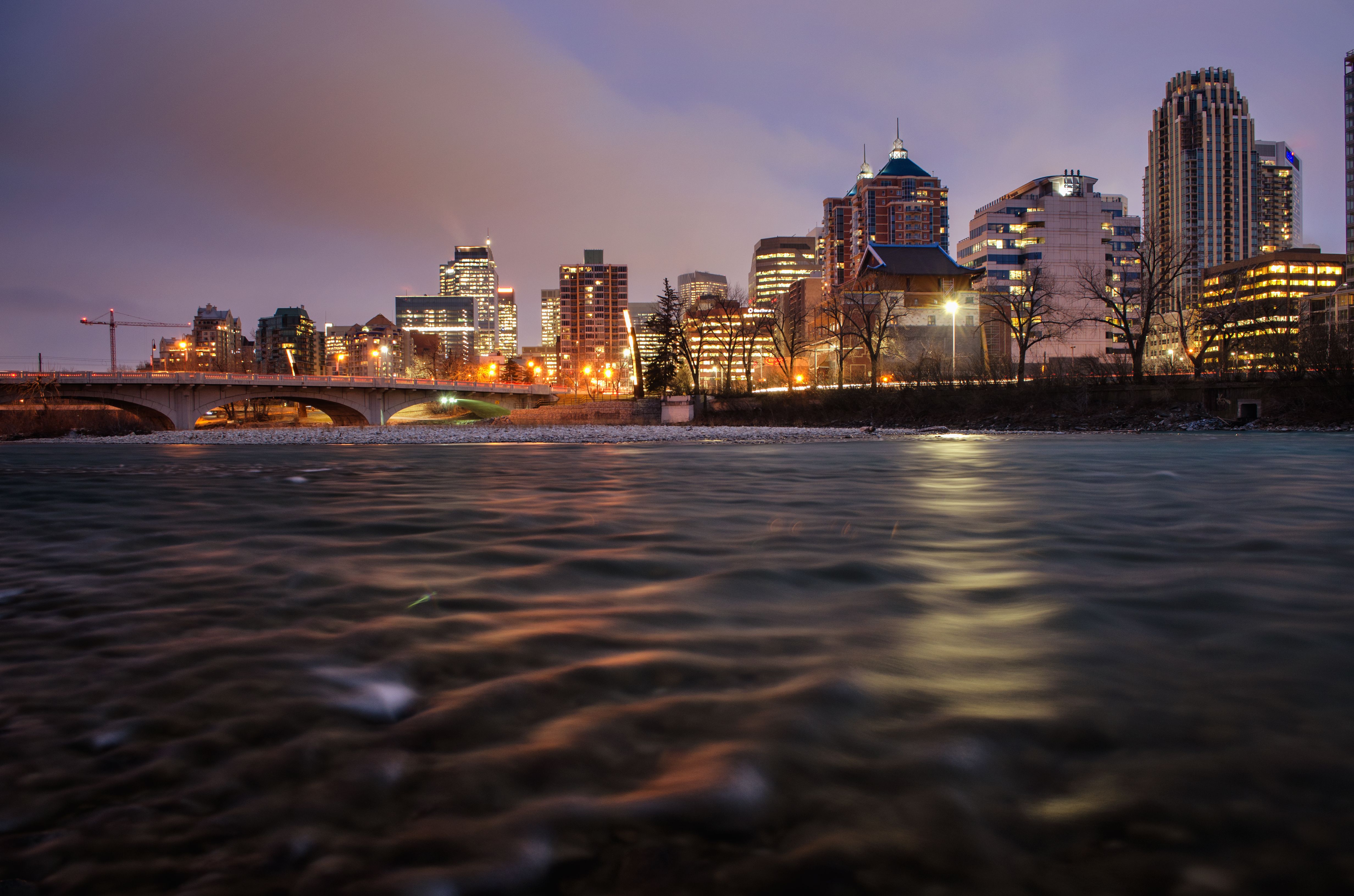 Calgary Skyline at Dusk with City Lights Reflections · Free Stock Photo