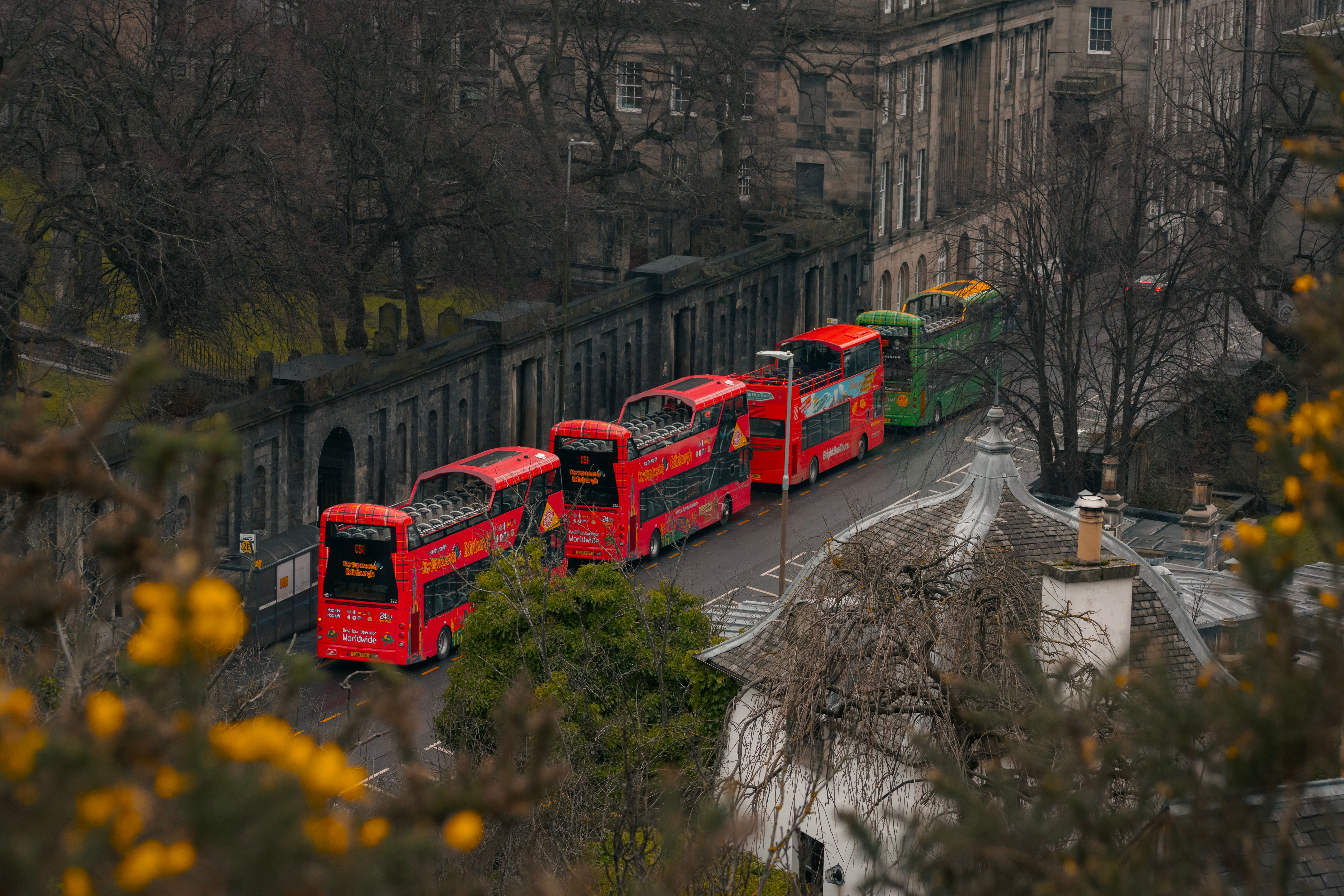 Colorful Double Decker Buses in Edinburgh Street · Free Stock Photo