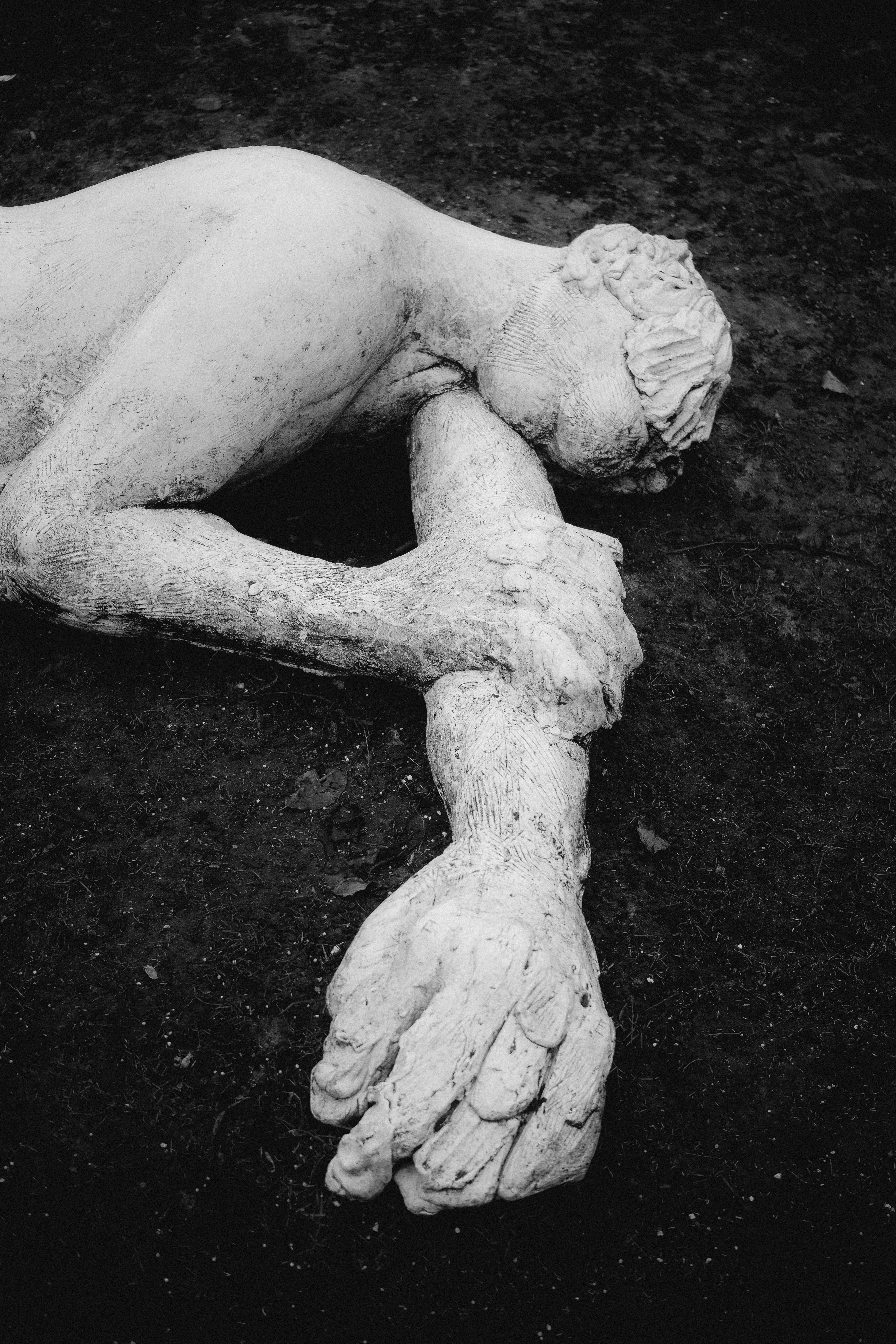 Monochrome Fallen Statue on Dark Earth · Free Stock Photo