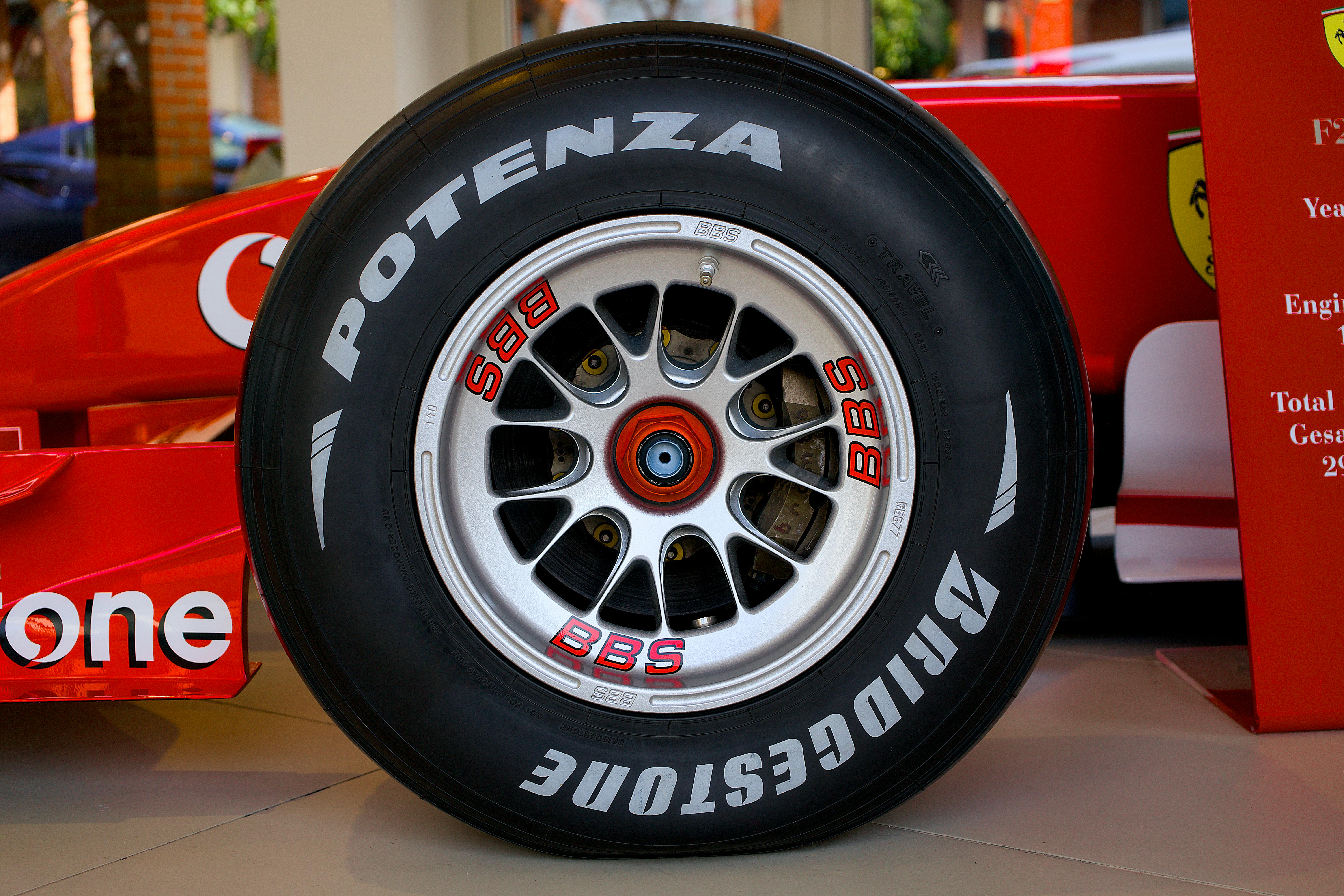 Close-Up of Ferrari Race Car Wheel in Showroom · Free Stock Photo