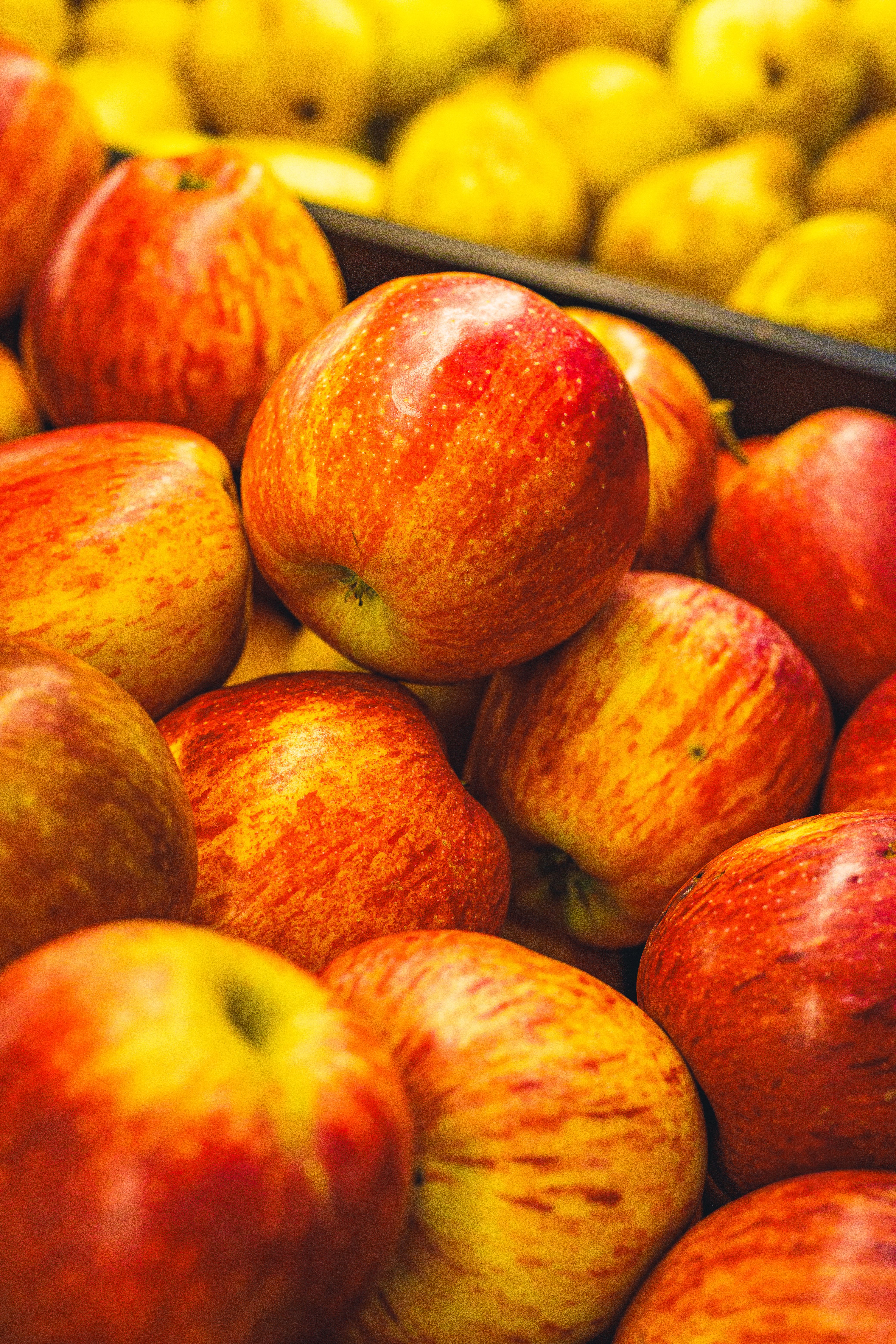 Manzanas Rojas Y Amarillas Frescas En Exhibición En El Mercado · Foto ...