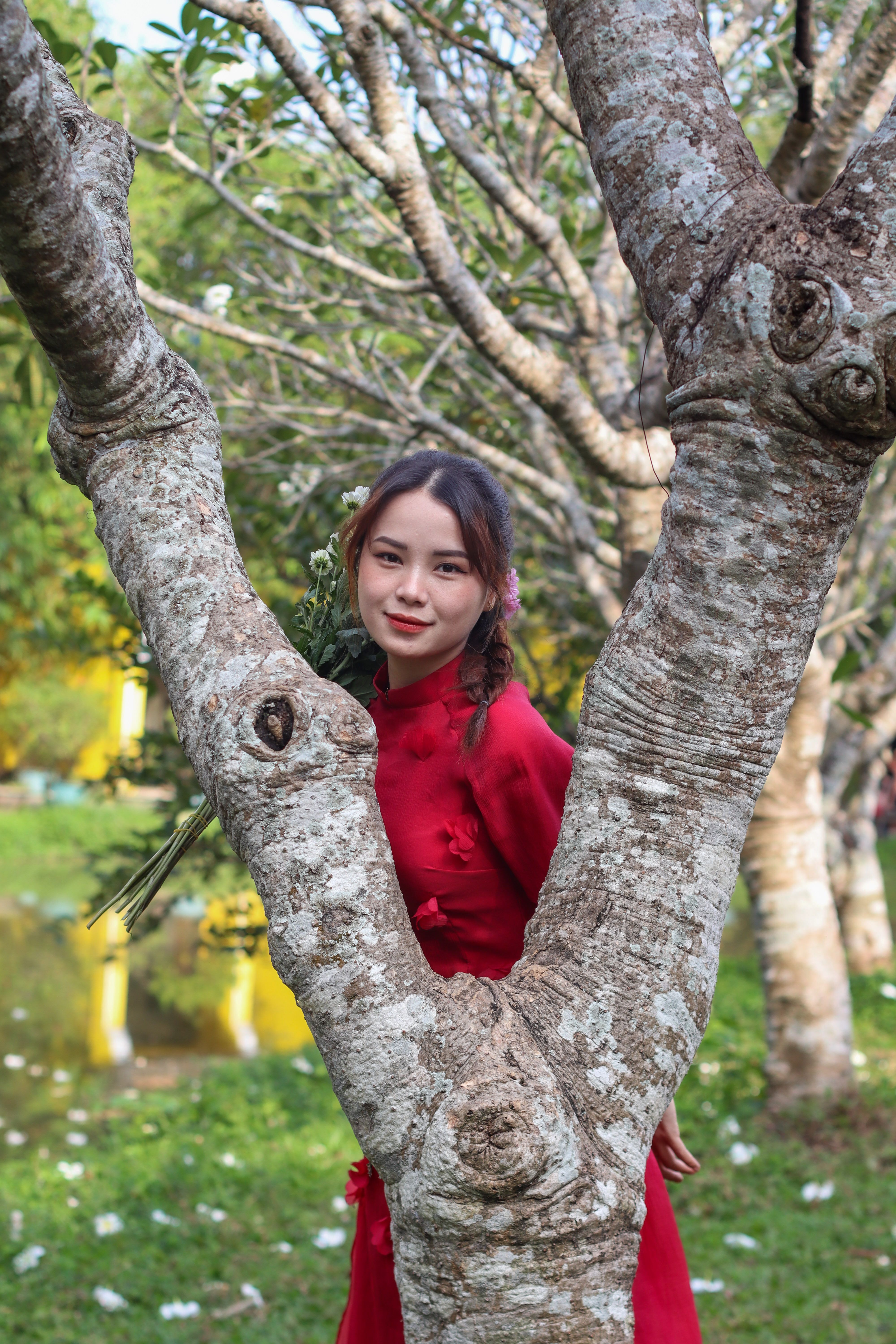 Young Woman Peeking Through Tree in Garden · Free Stock Photo