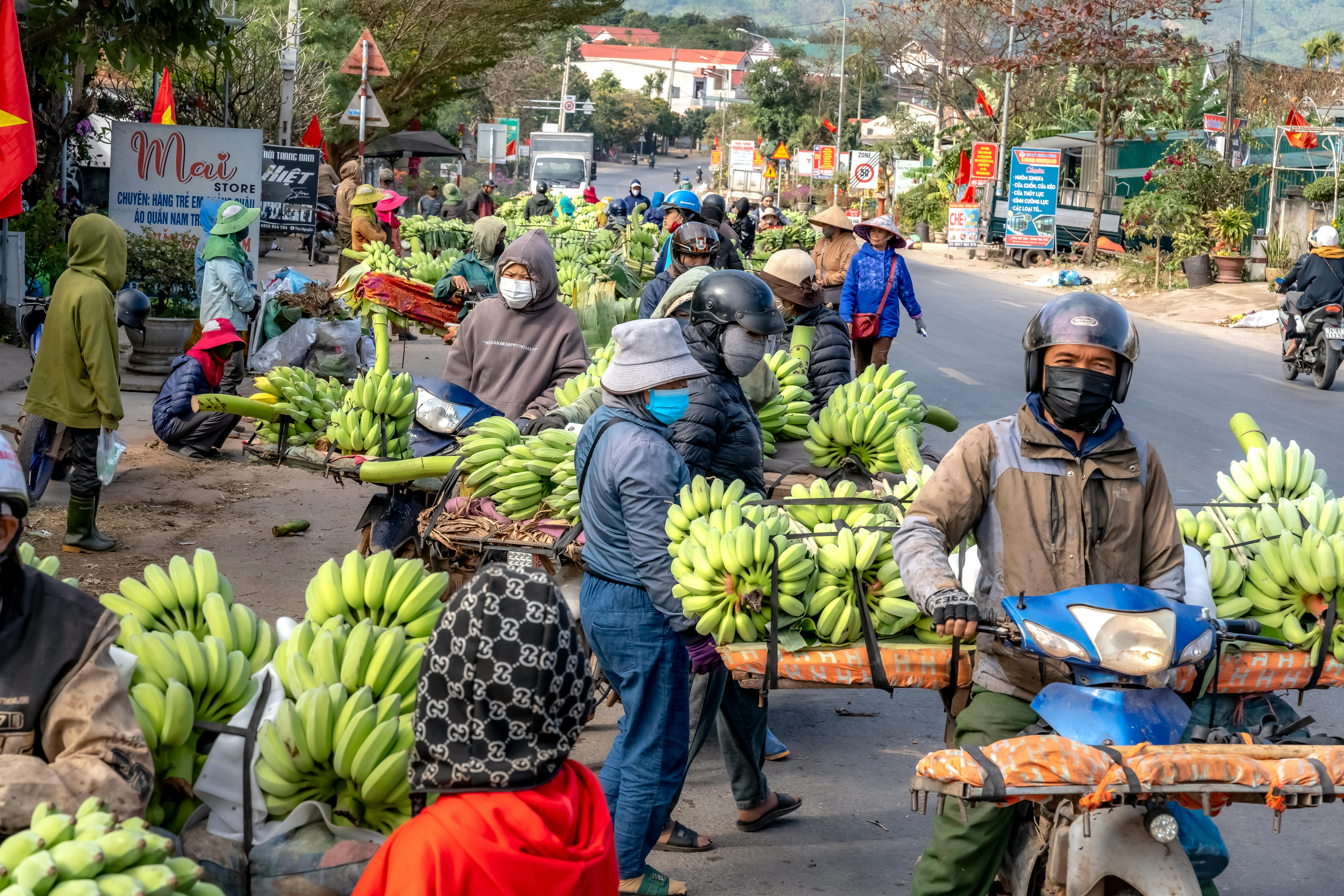 Vibrant Local Market Scene with Bananas · Free Stock Photo