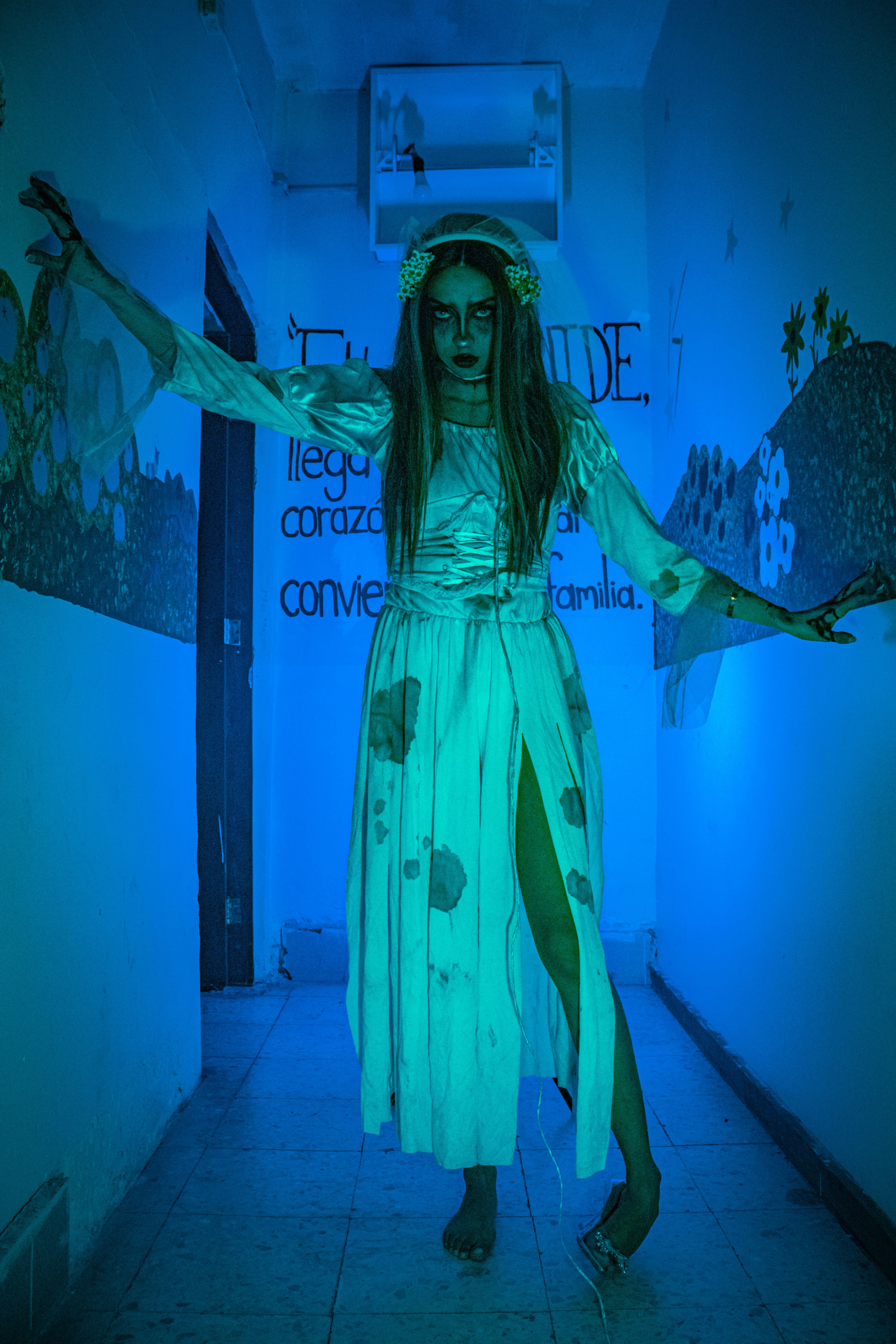 Spooky Phantom Bride in Blue Hallway · Free Stock Photo