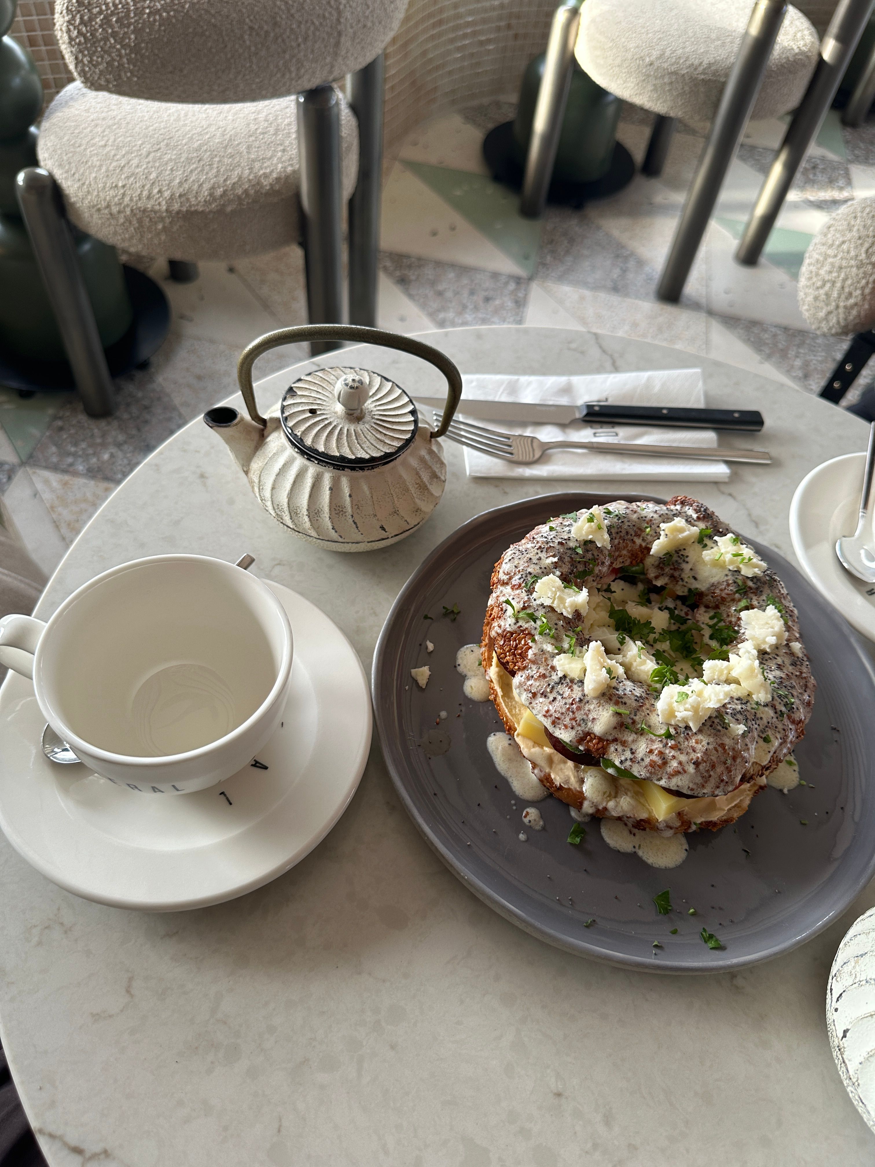 Breakfast Bagel with Tea and Cheese on Table · Free Stock Photo