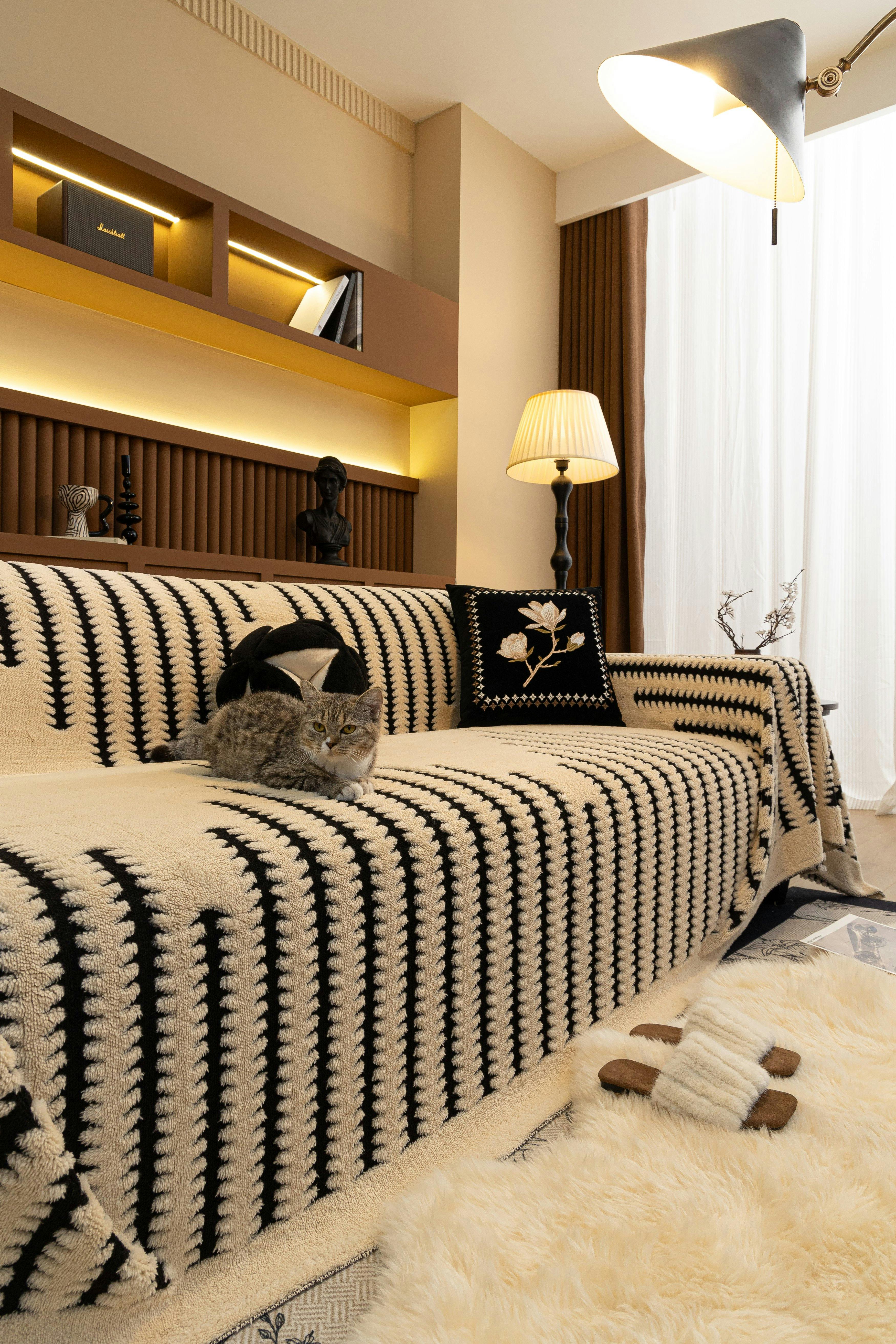 Cozy Living Room with Stripe Pattern Sofa Cover · Free Stock Photo
