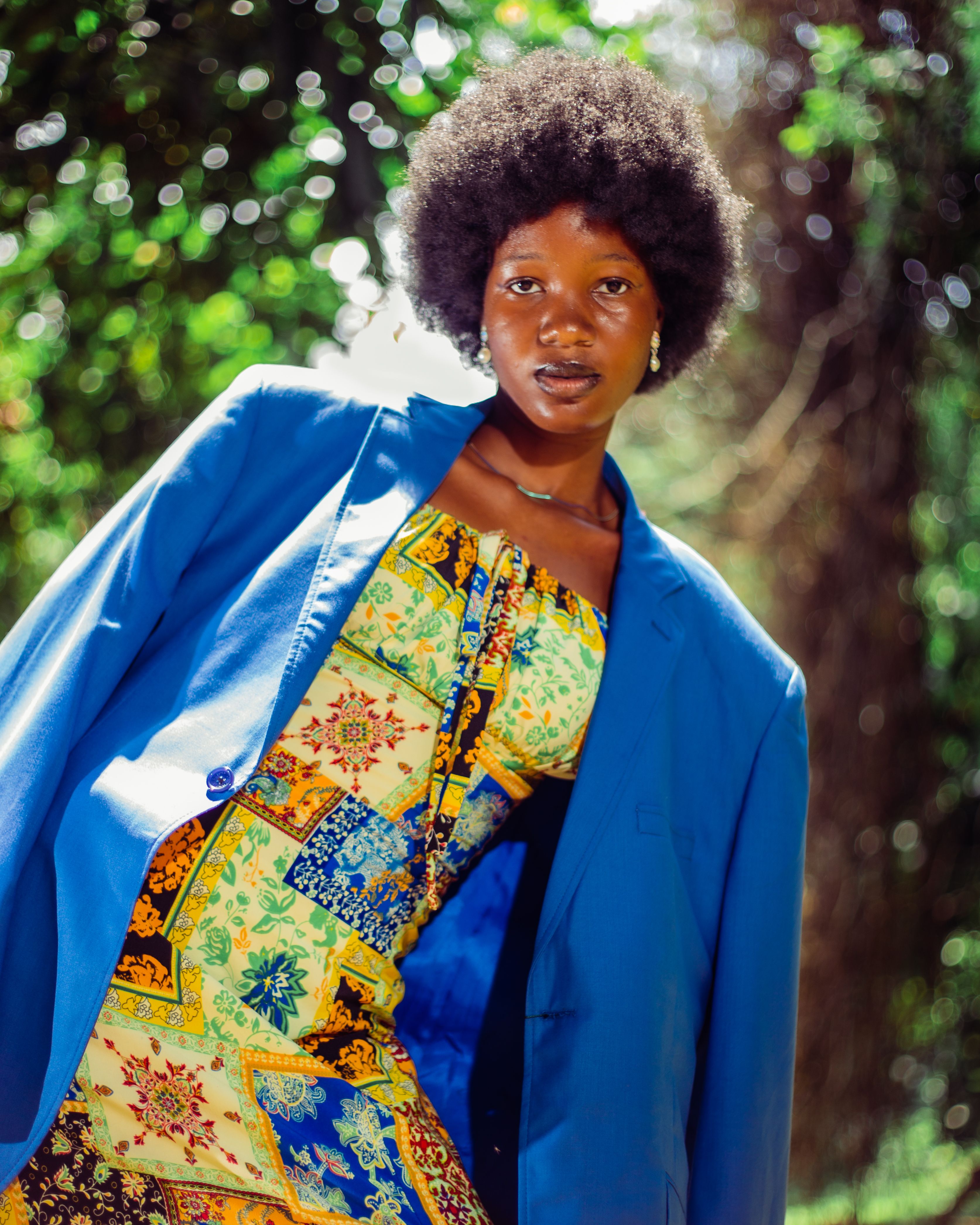Stylish Afro Fashion Model Outdoors in Blue Jacket · Free Stock Photo