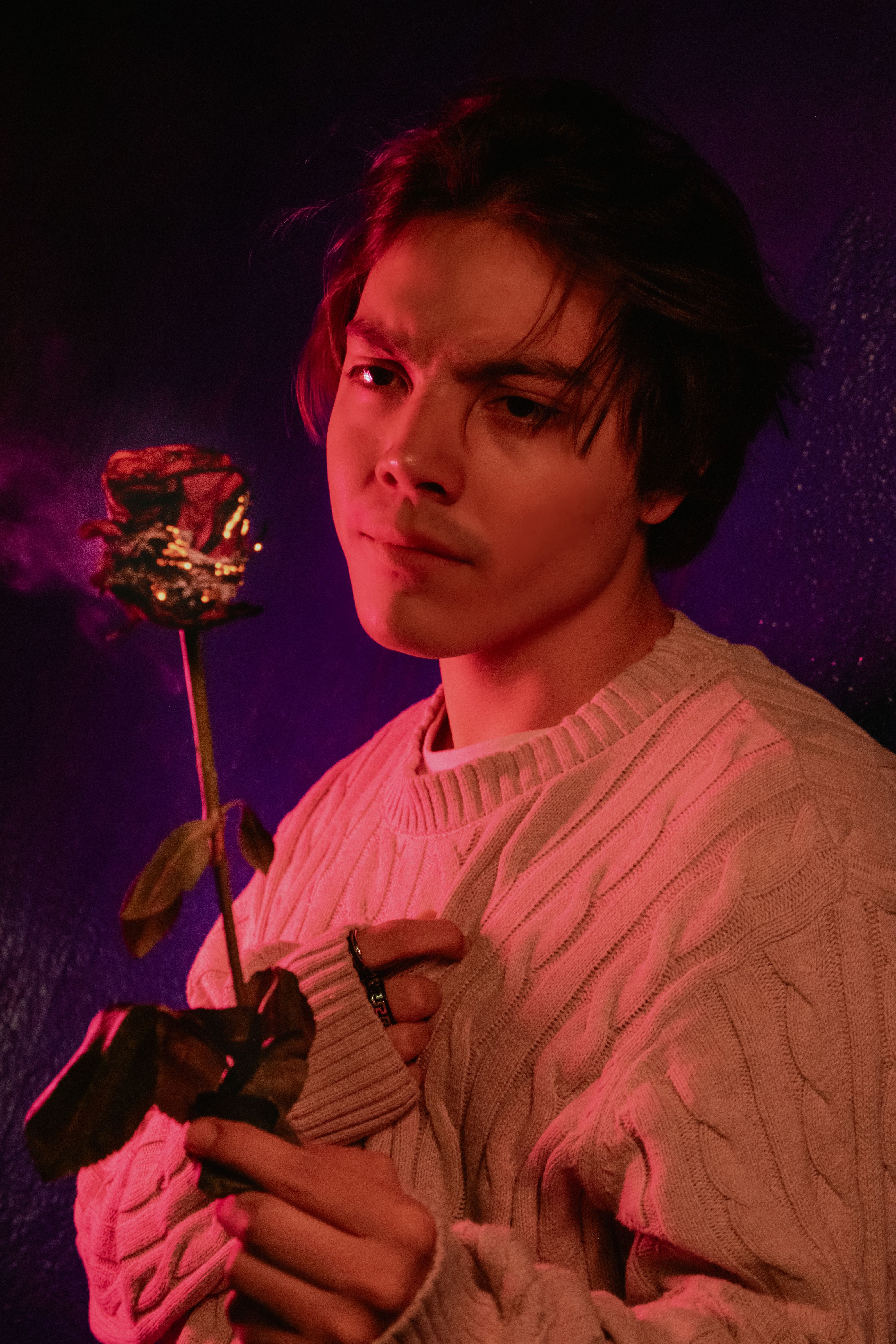 Portrait of a Man Holding a Single Rose in Moody Lighting · Free Stock ...