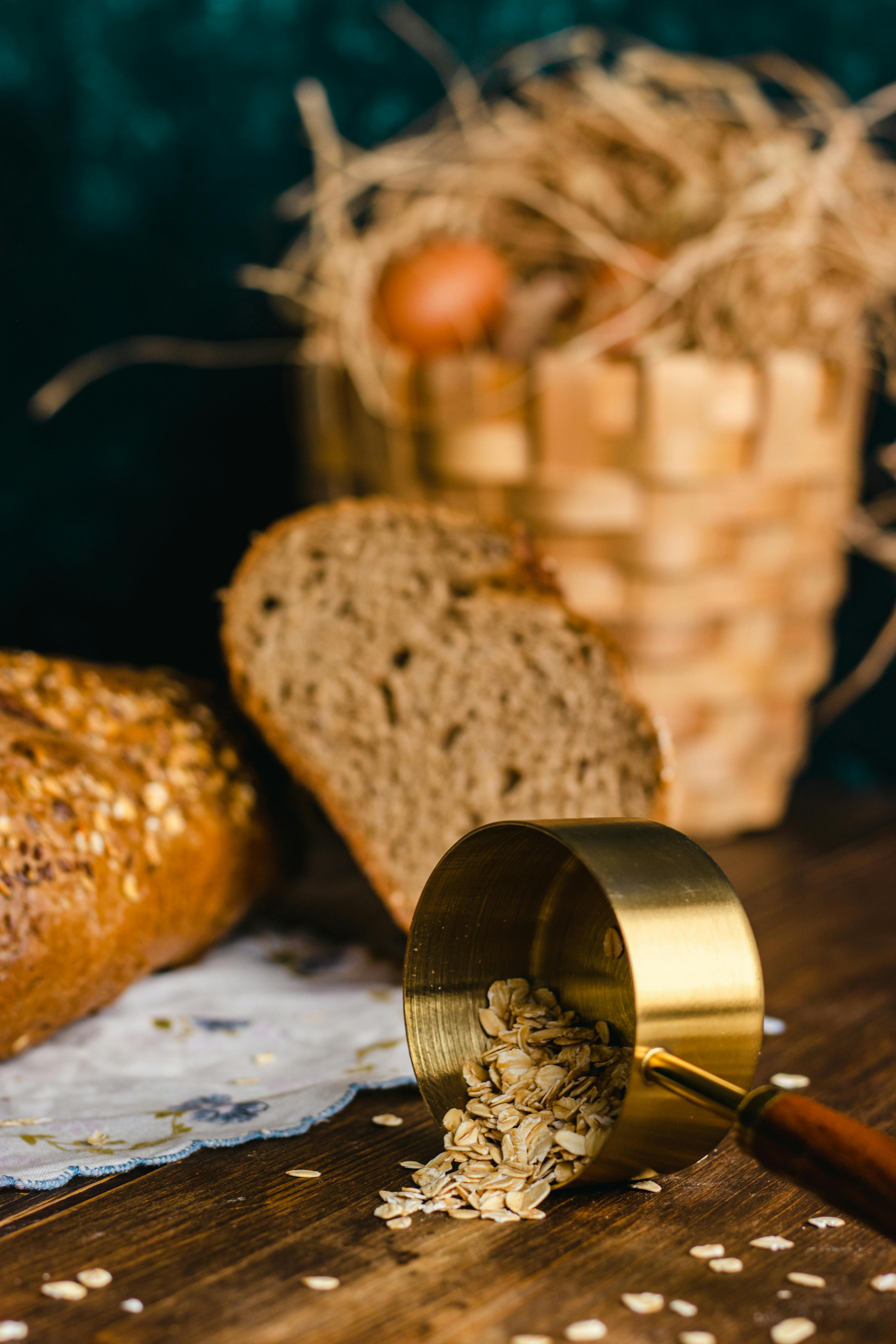 Rustic Bread and Oats with Basket Background · Free Stock Photo