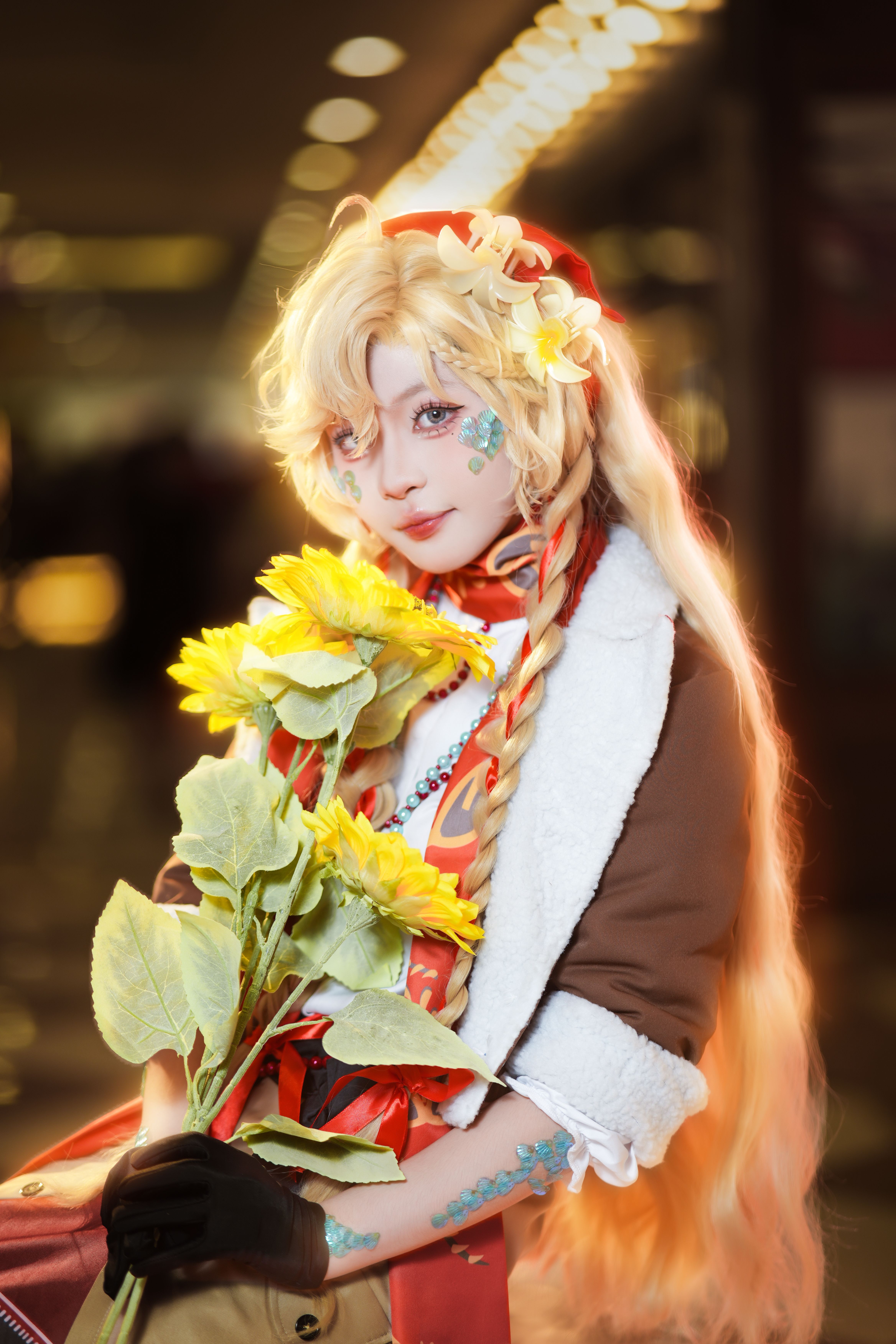 Cosplayer with Sunflowers in Indoor Setting · Free Stock Photo