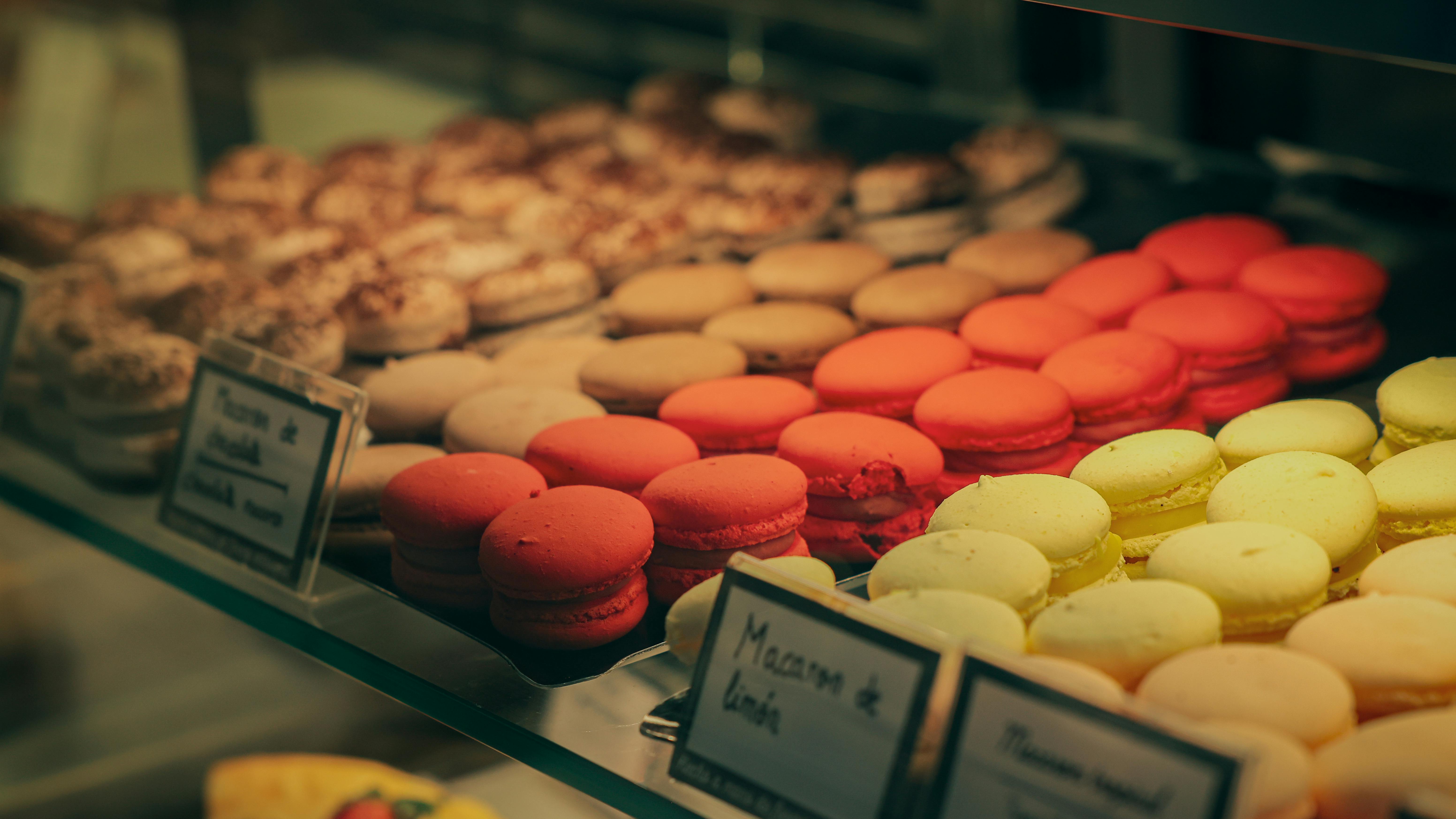 Colorful Macarons Display in Valencia Bakery · Free Stock Photo