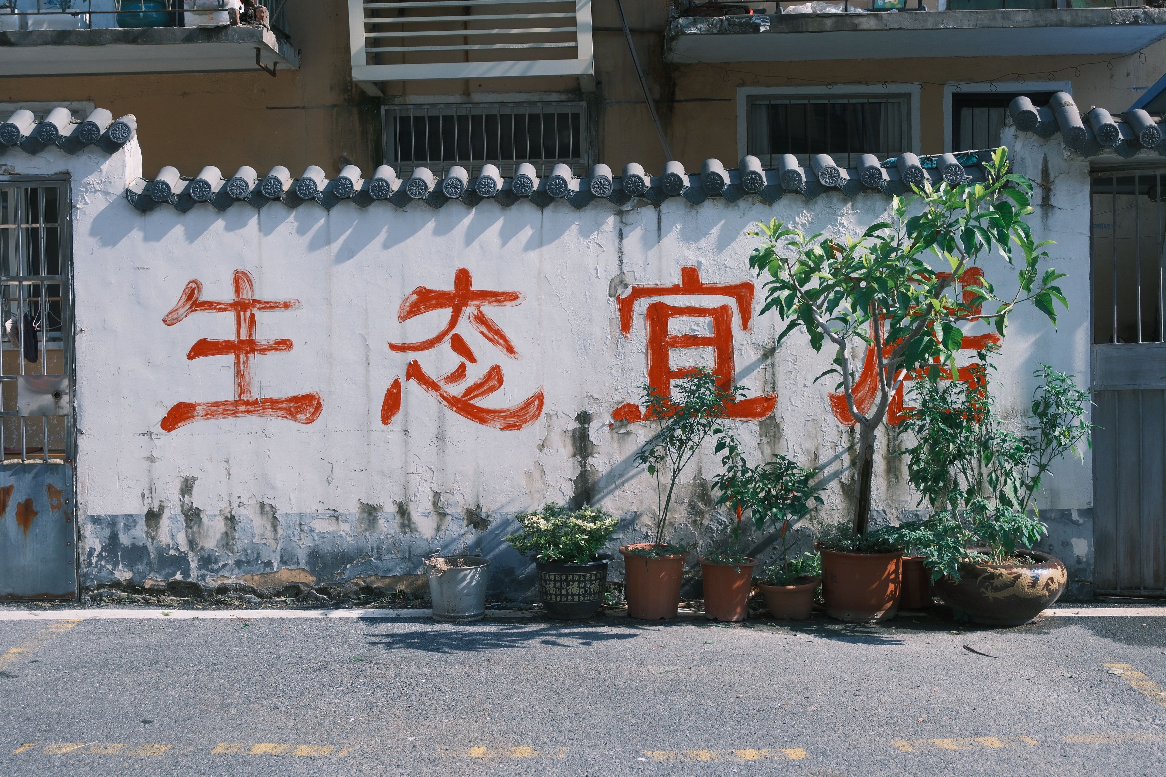Traditional Chinese Wall with Potted Plants · Free Stock Photo