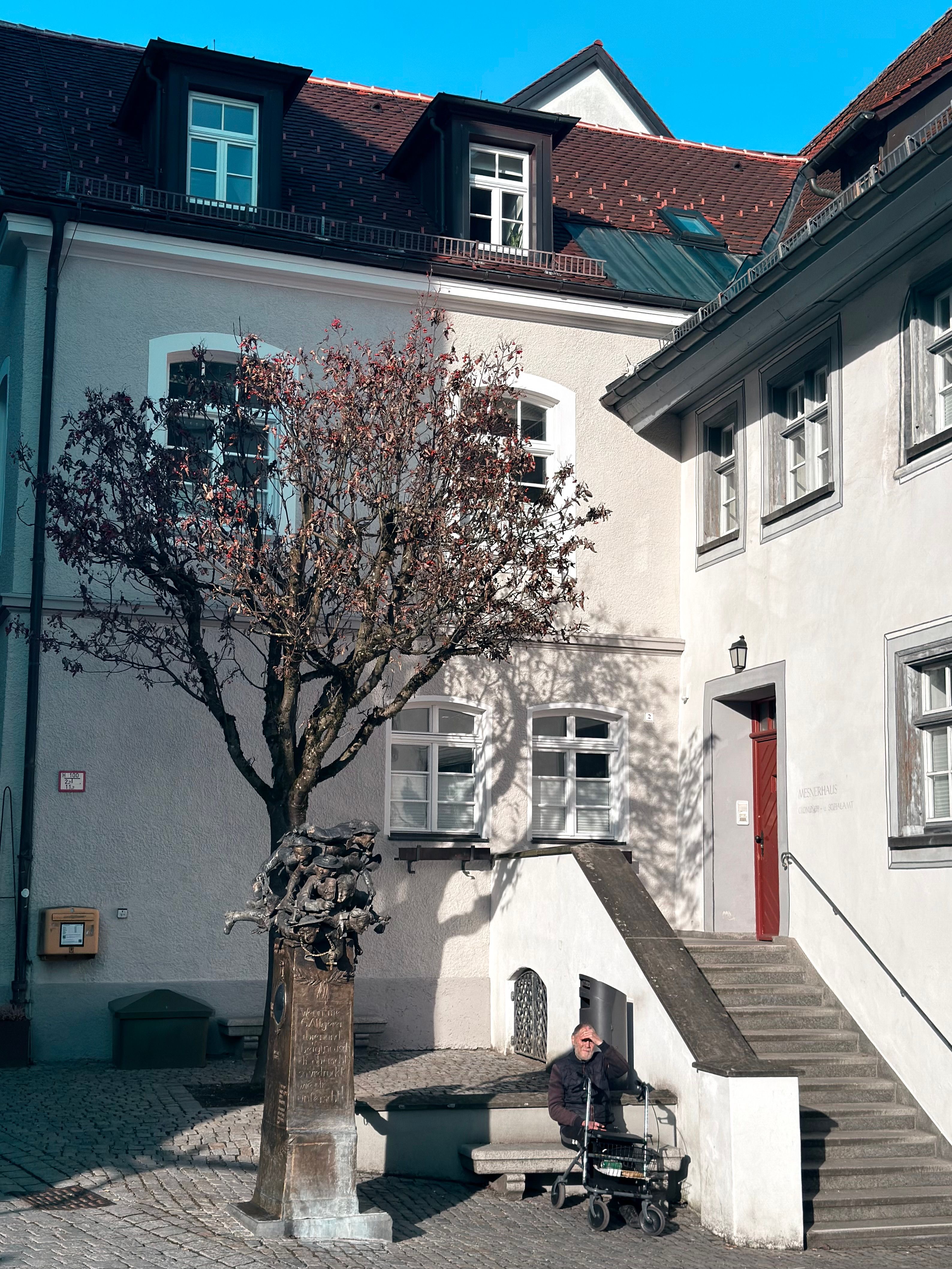 Charming European Courtyard Scene with Tree · Free Stock Photo