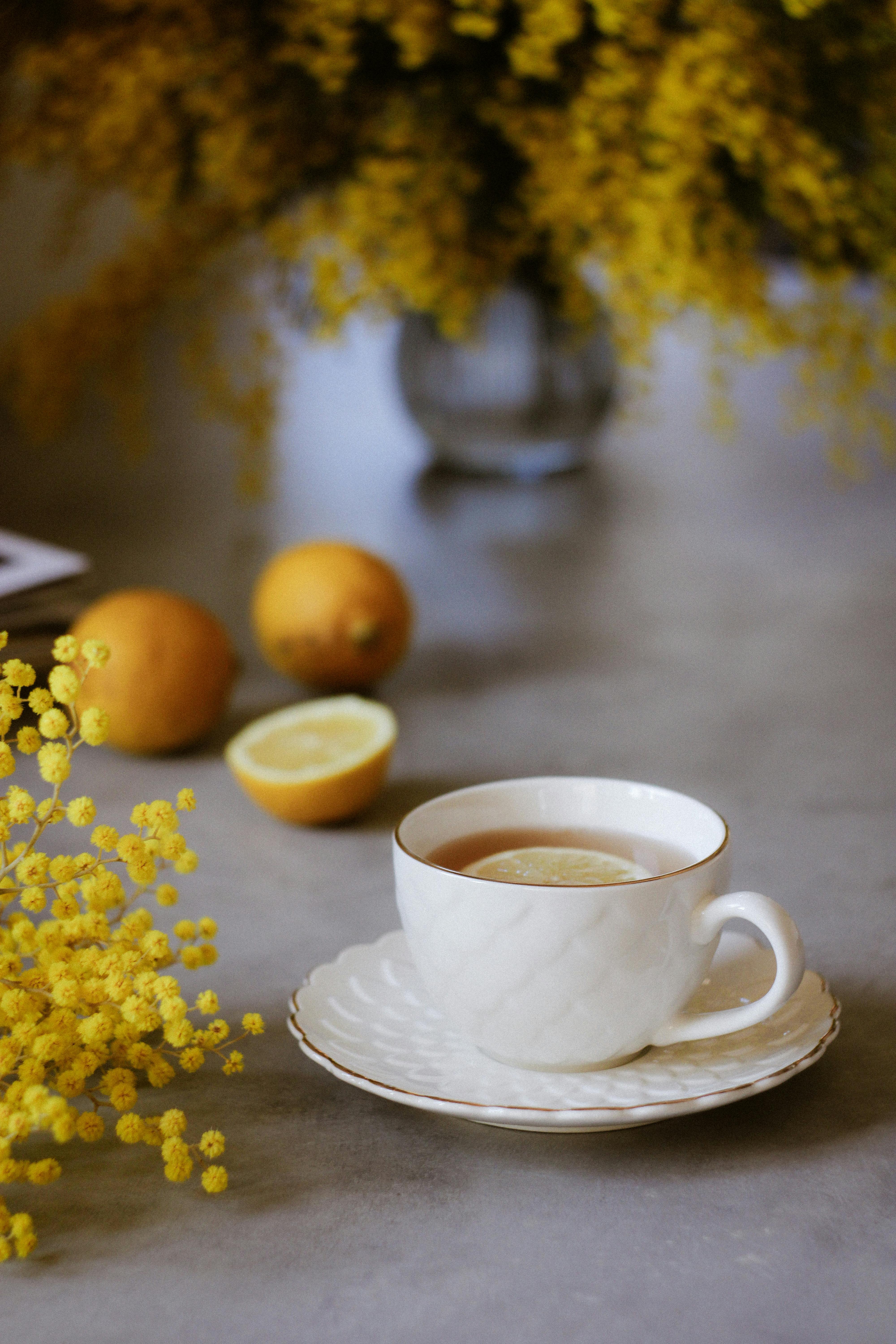 Elegant Tea Cup with Lemon and Mimosa Flowers · Free Stock Photo