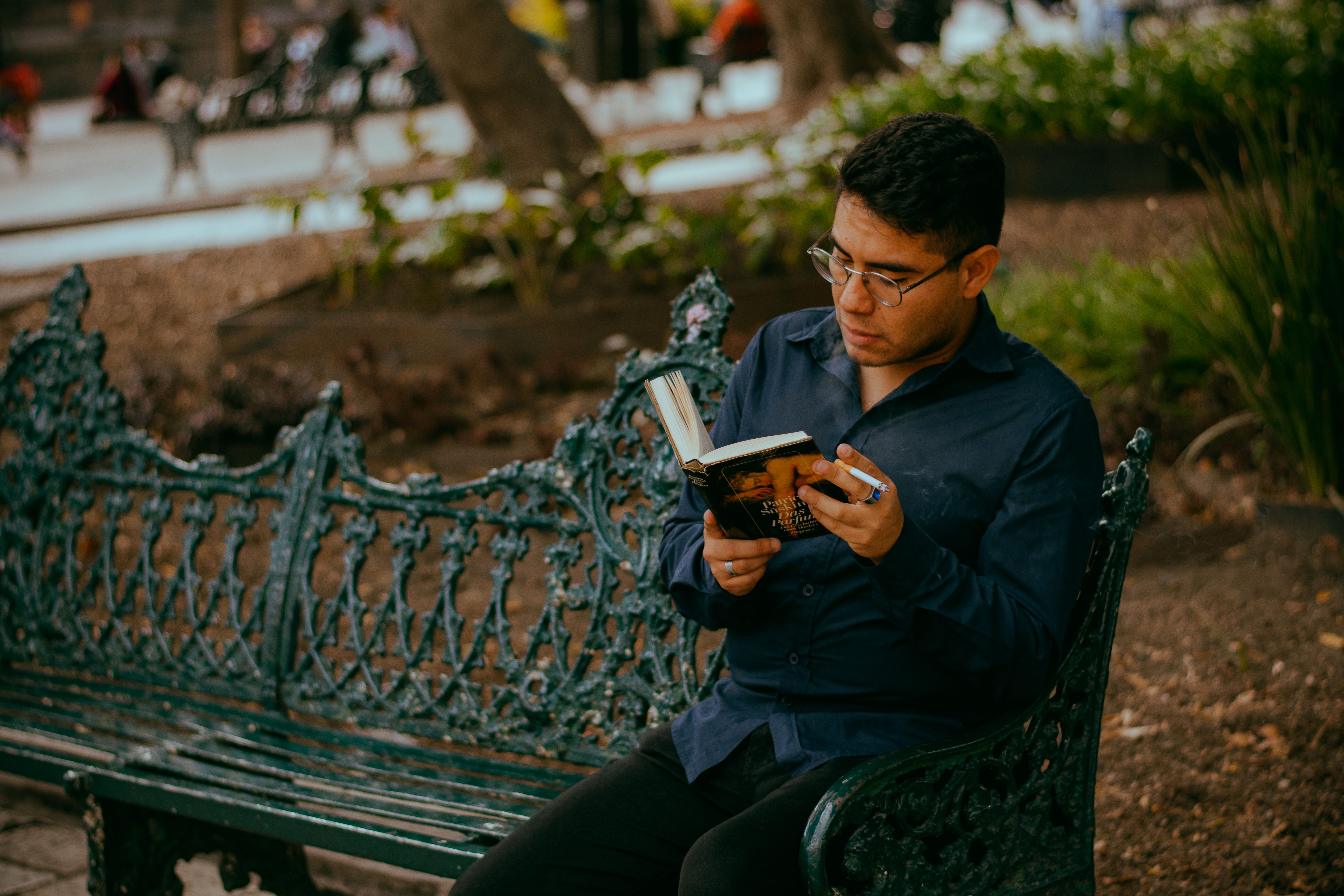 Man Reading Book on Park Bench Outdoors · Free Stock Photo