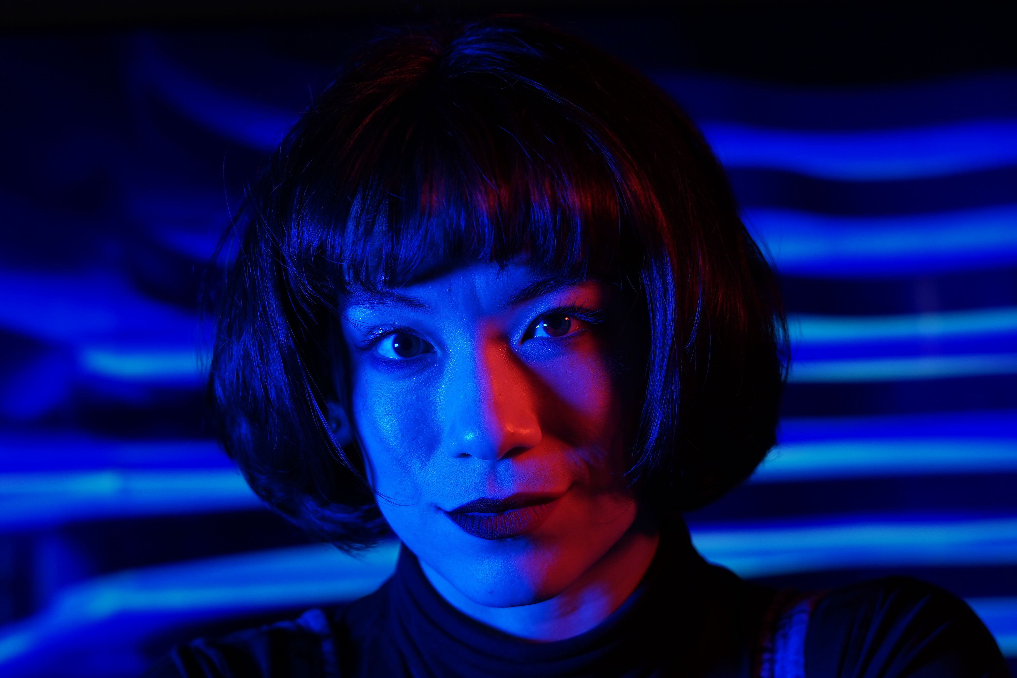 Colorful Portrait with Neon Blue and Red Lighting · Free Stock Photo