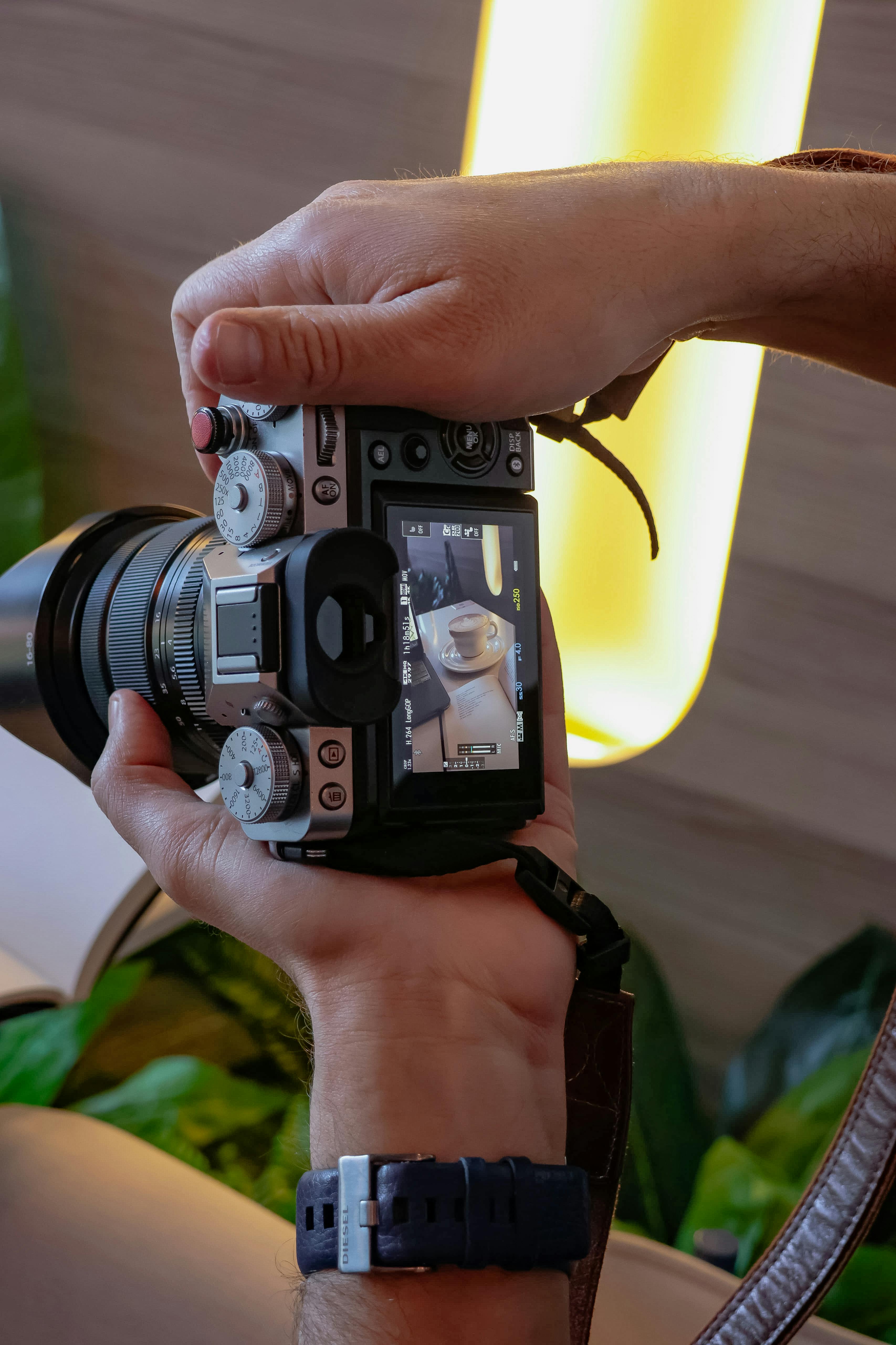 Photographer Holding Camera Capturing Cafe Scene · Free Stock Photo